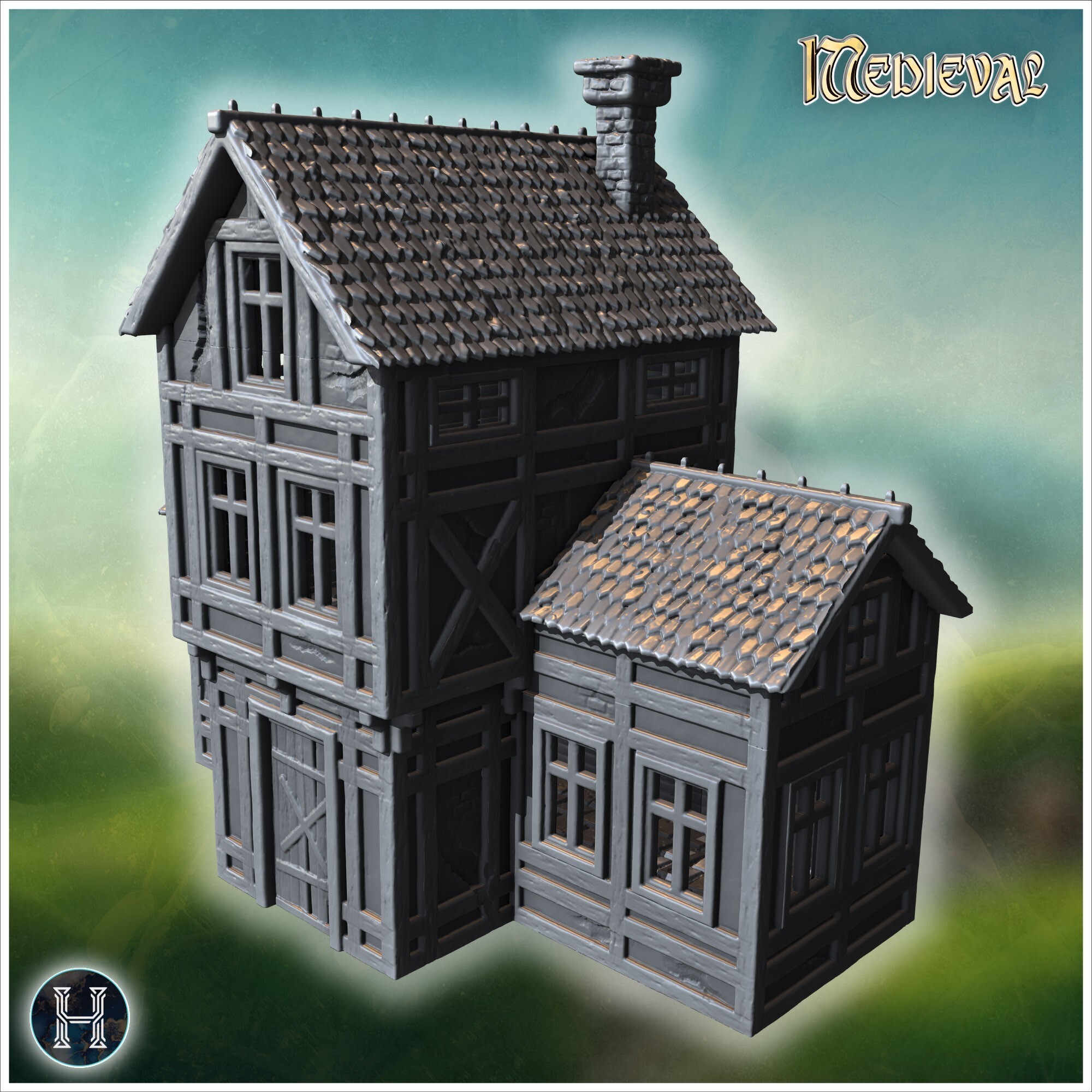 🏠 Narrow half-timbered house with adjoining side extension, wooden ...