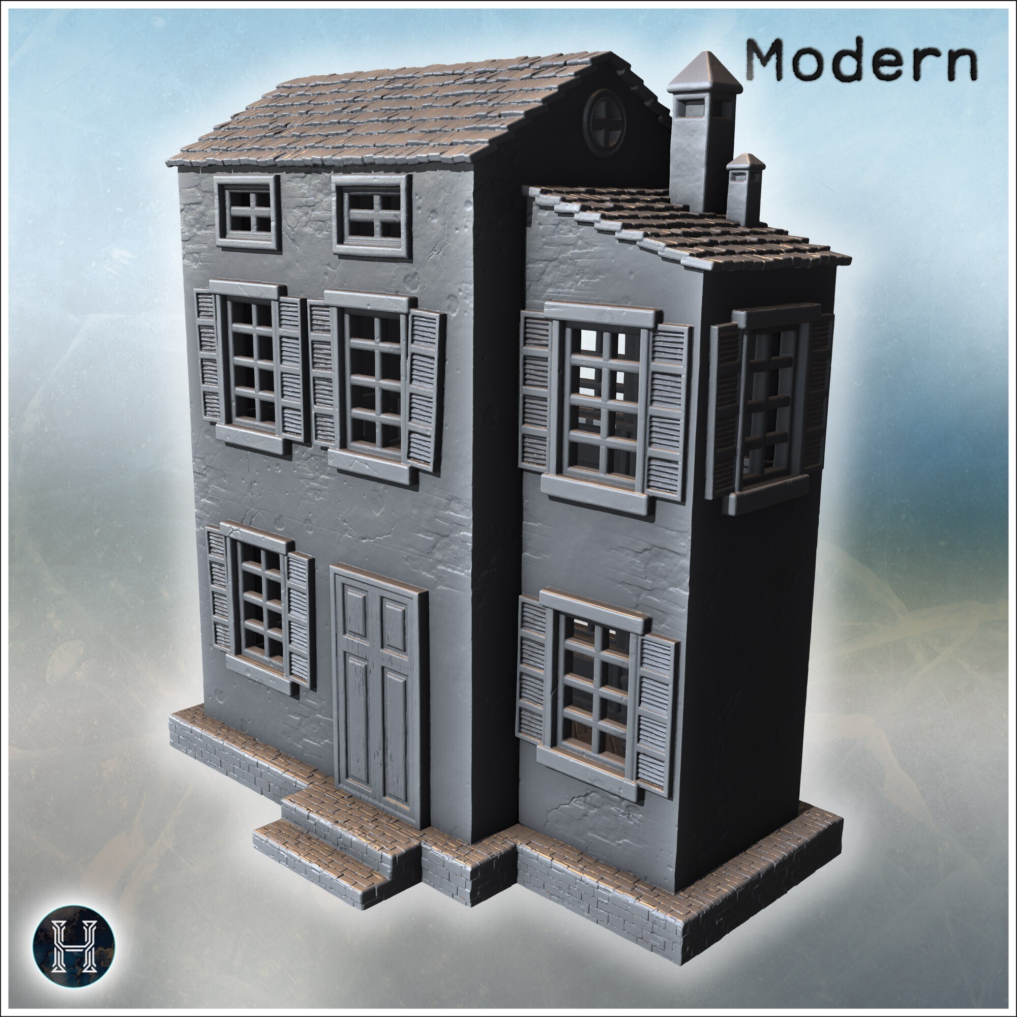 🏗️ Narrow building with tiled roof, tall windows with shutters and ...