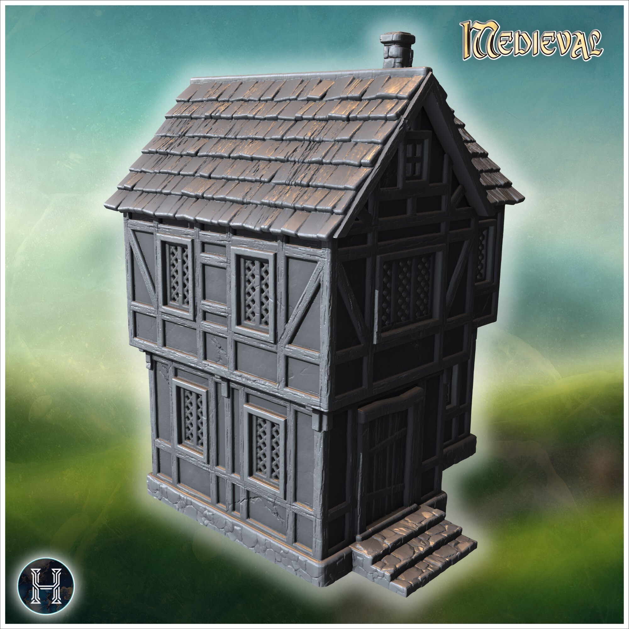 🏠 Large medieval house with wooden reinforcements, stone base, lattice ...