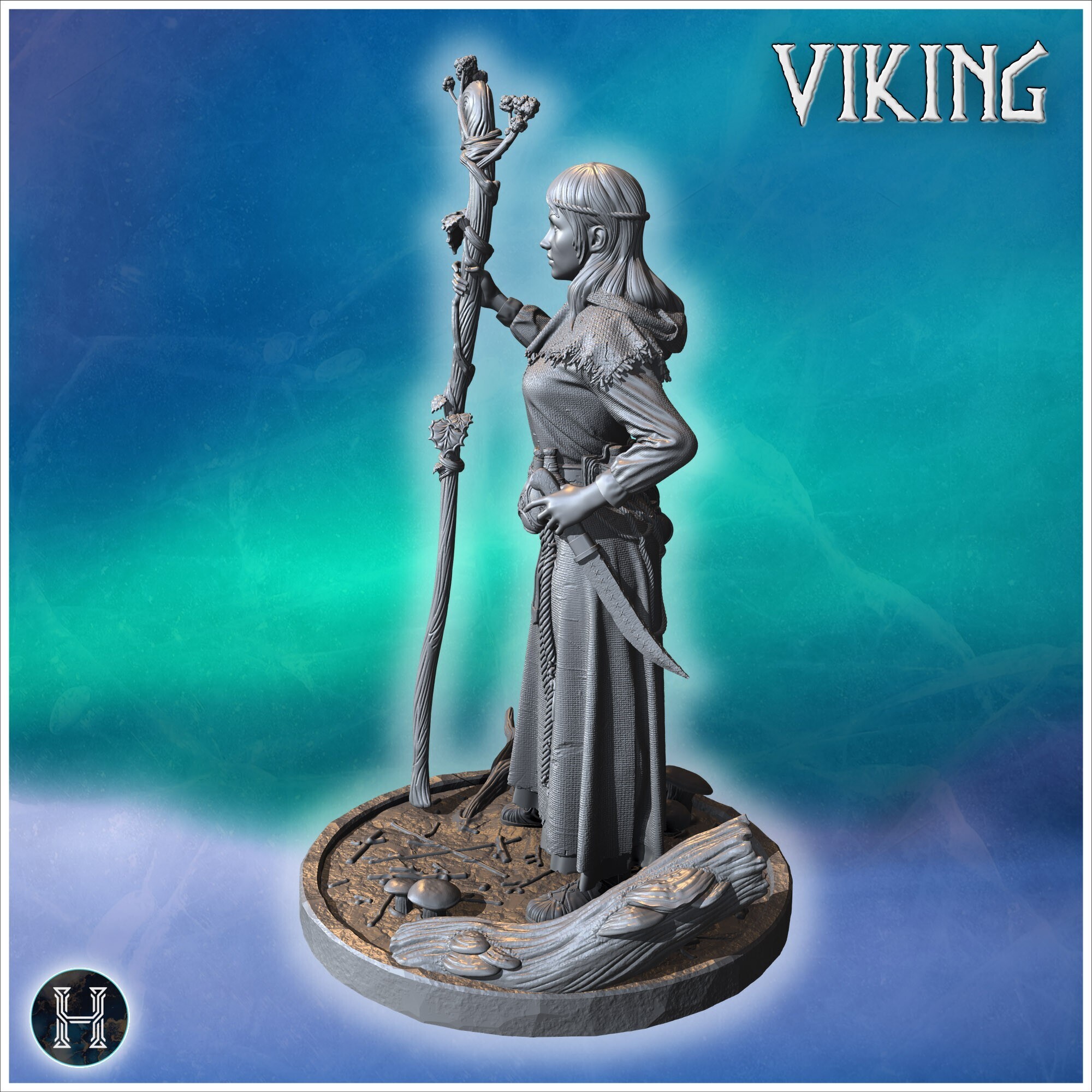 🧝 Calm elven druid stands on decorated base, gripping ornate staff ...