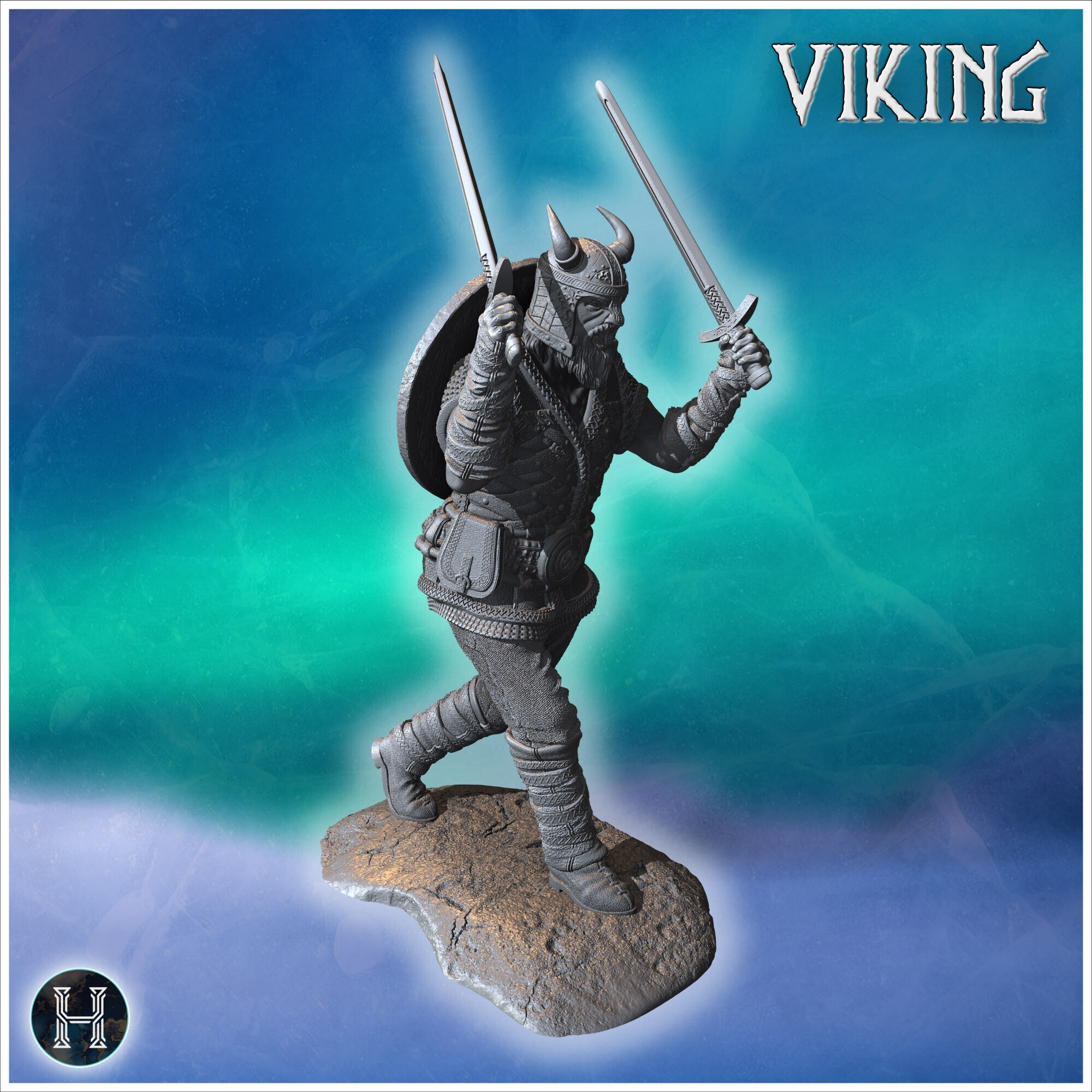 ⚔️ Feroz guerrero vikingo carga hacia delante blandiendo dos espadas largas, casco con cuernos y ...