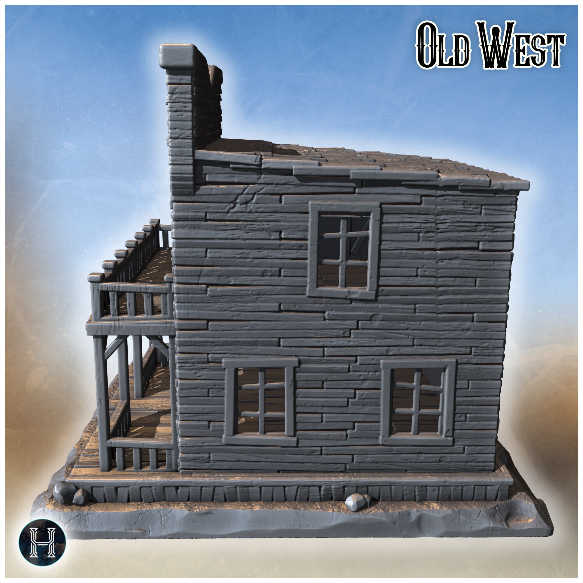 🪵 Traditional saloon with double balcony, wooden railings, swinging ...