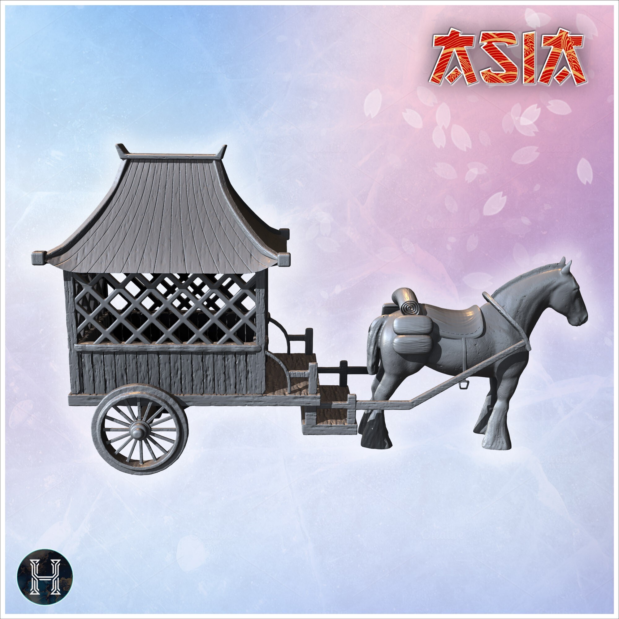 🪵 Asian horse-drawn wooden carriage featuring decorative lattice sides ...