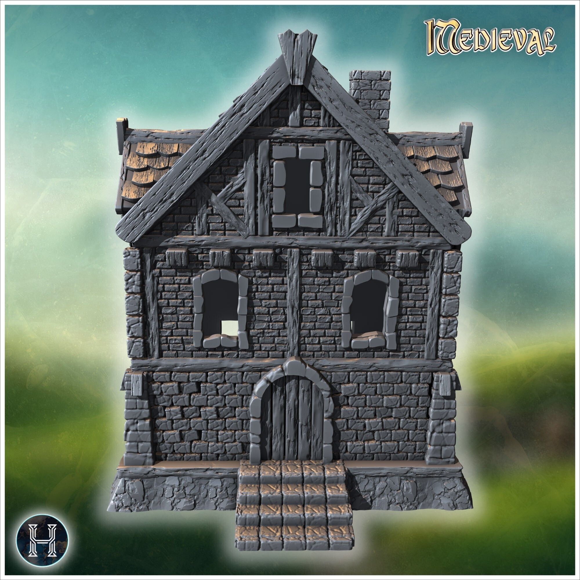 🏠 Medieval timber-framed house with stone foundation, steep gabled roof ...