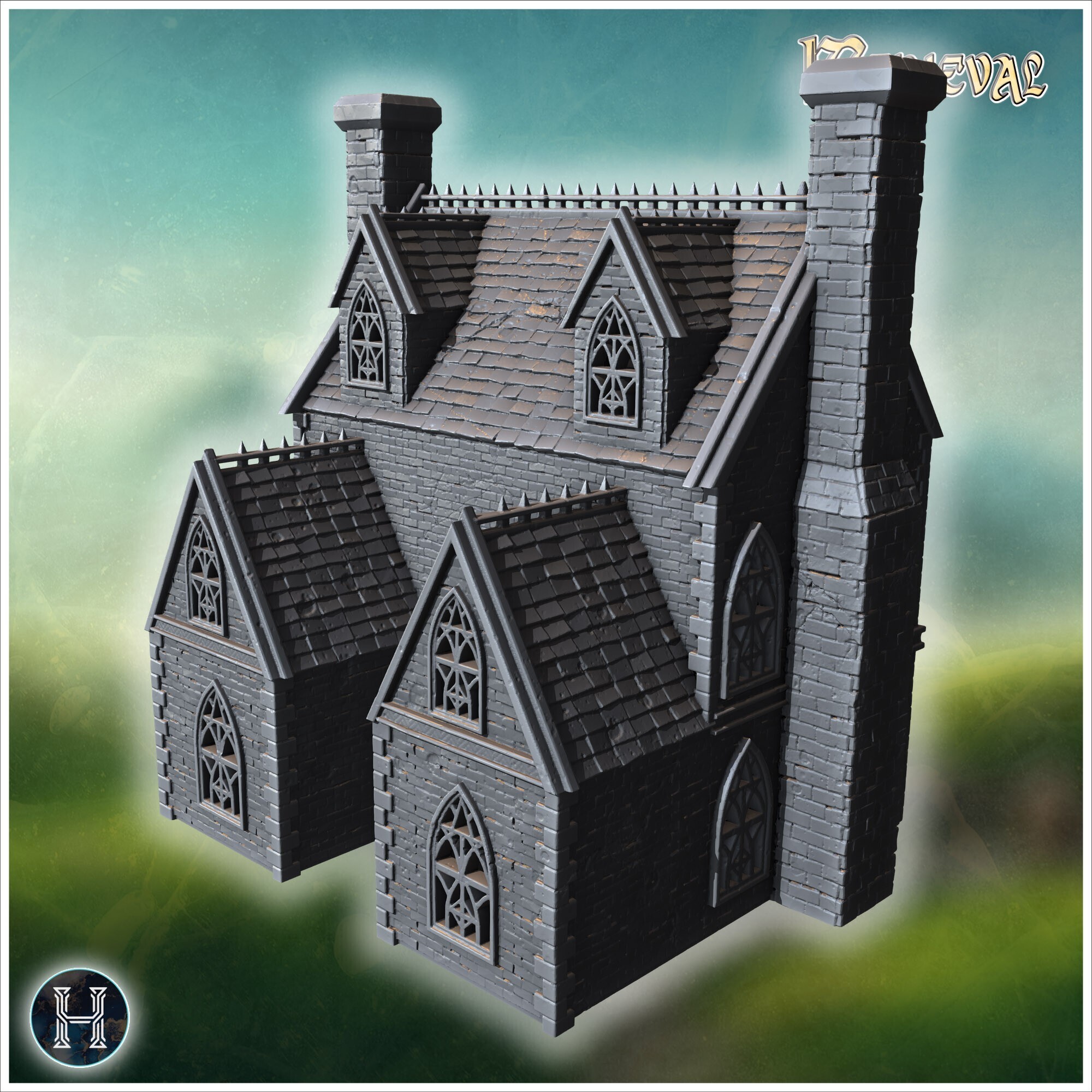 🏠 Large gothic house with twin chimneys and decorative roof railing (25 ...