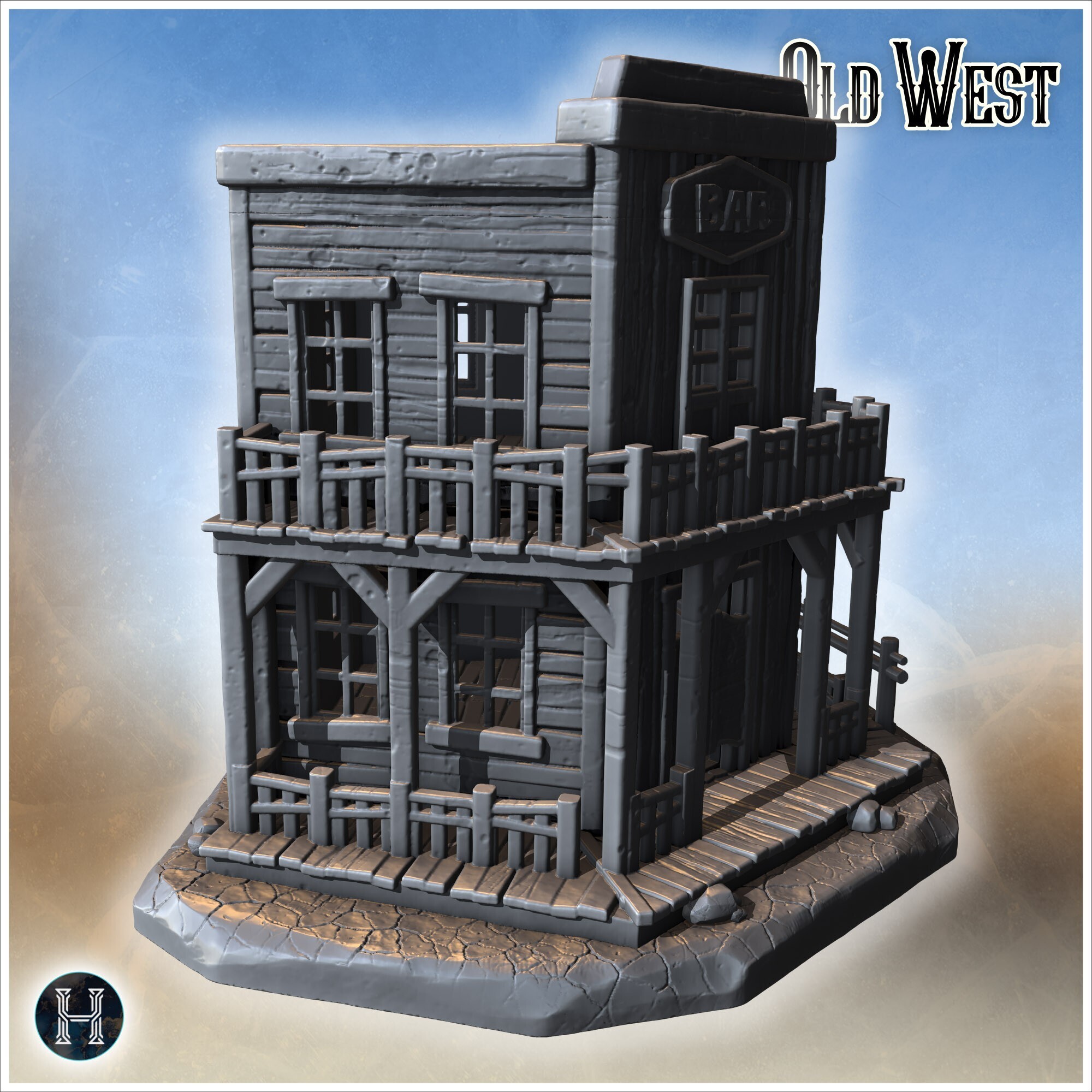 👴 Old saloon building Bar with front porch, balcony, windows and wooden ...