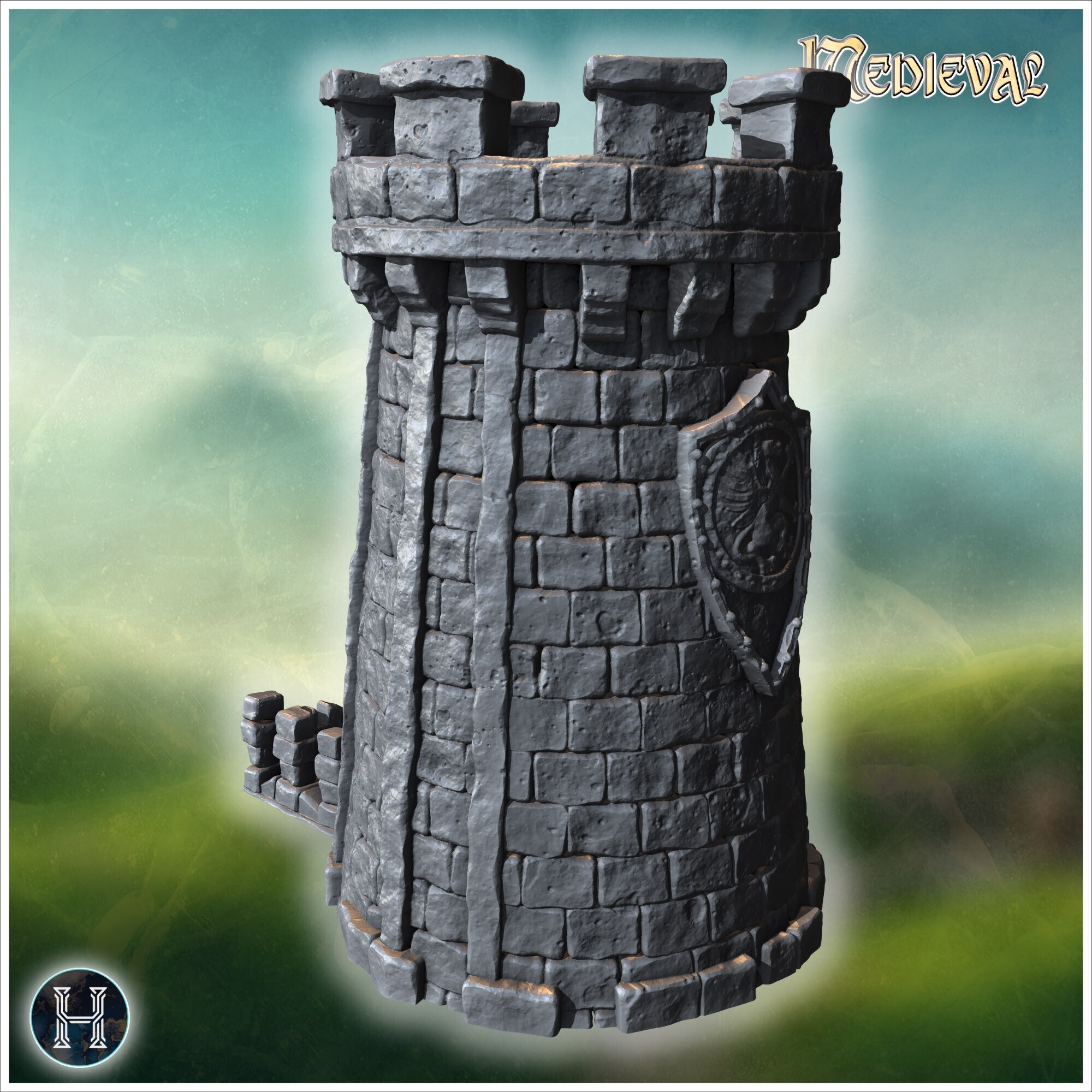 🛡️ Medieval round tower with crenelated walls, arched entrance, and ...