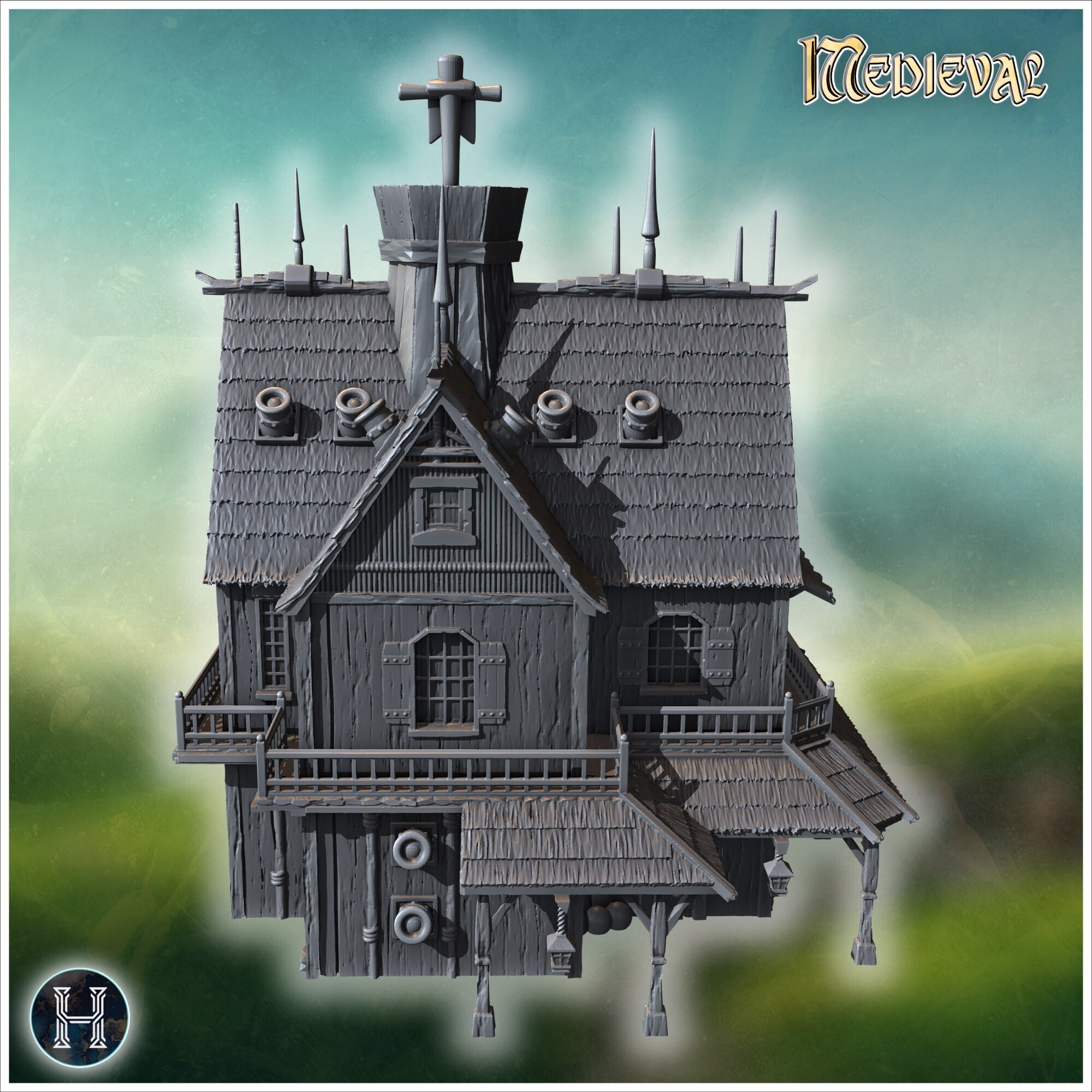 🏴‍☠️ Gran taberna pirata con tejados altos, balcones de madera y torres ...