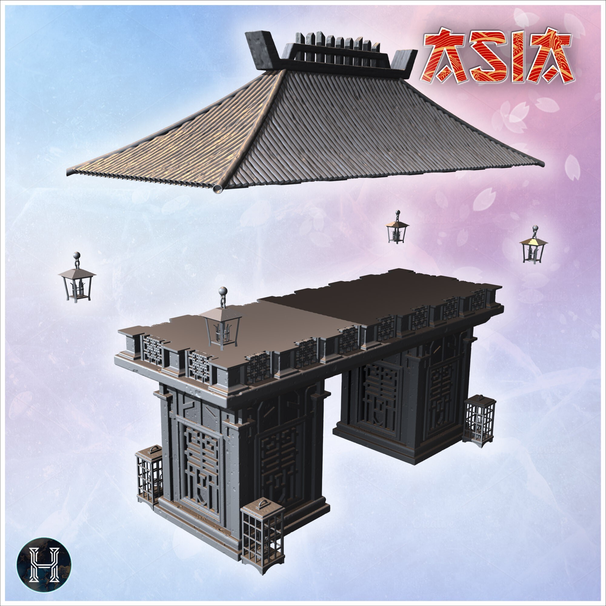 🥷 Ornate Asian gate structure with intricate panel designs, hanging ...