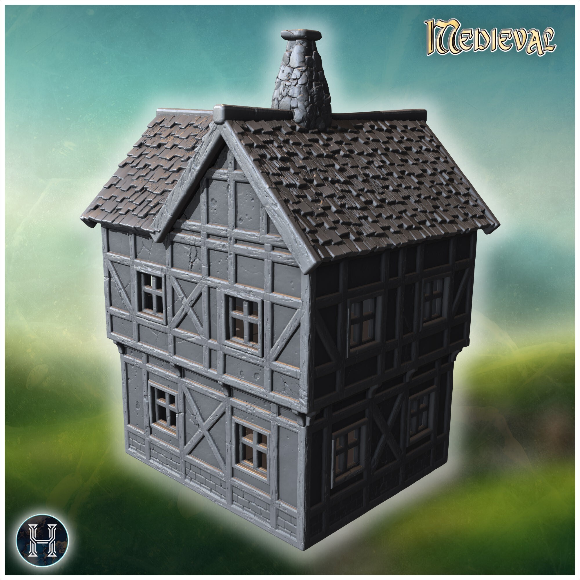 🏠 Corner medieval house with timber-framed structure, stone chimney ...