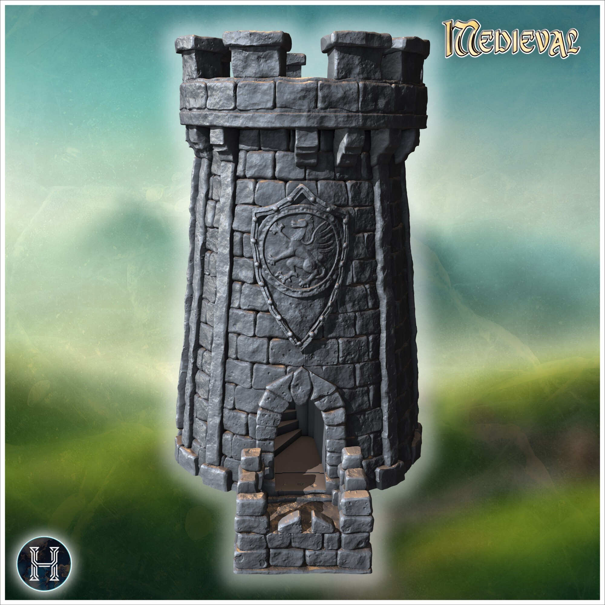 🛡️ Medieval round tower with crenelated walls, arched entrance, and ...