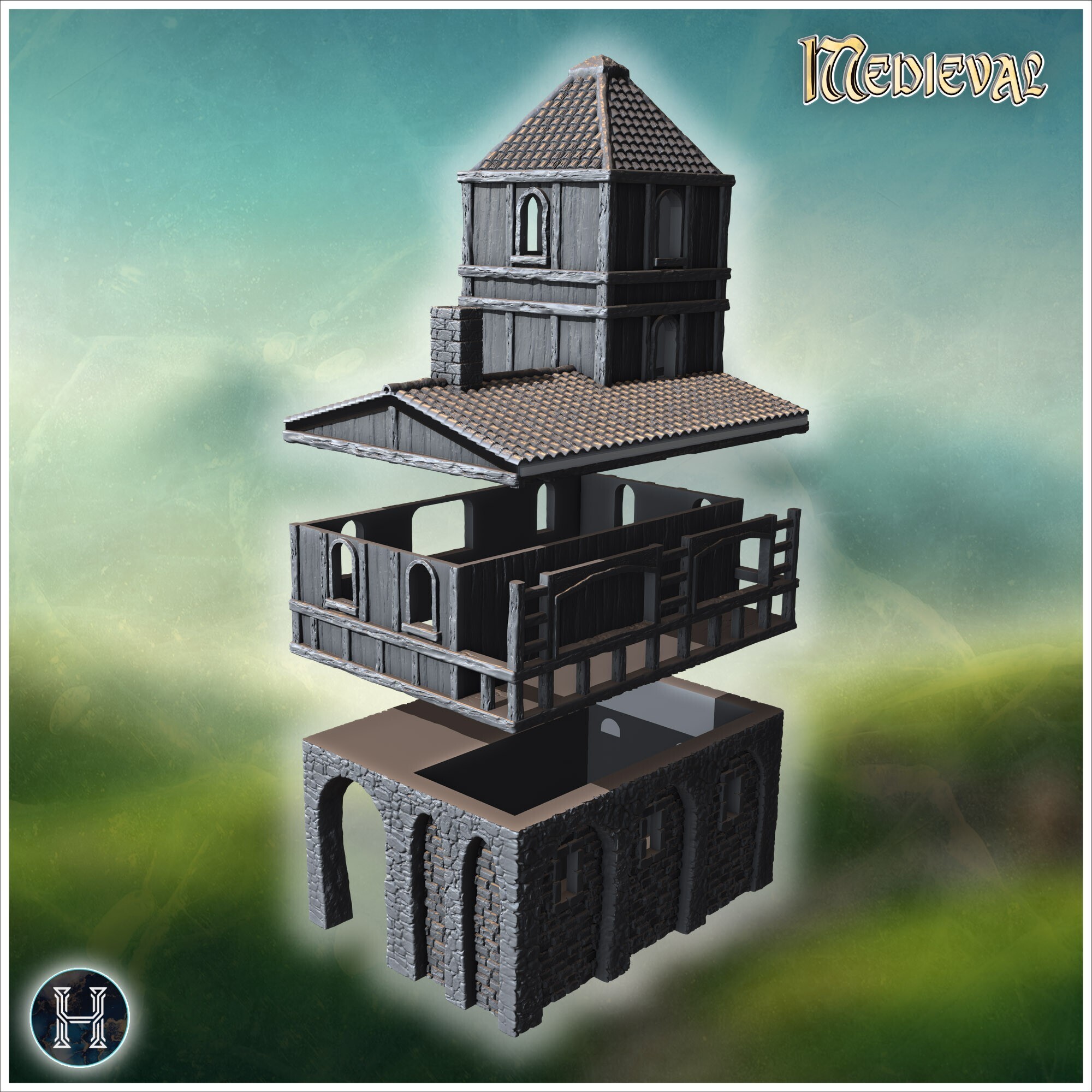 🏠 Large half-timbered house with a stone base, tiled roof, and open ...