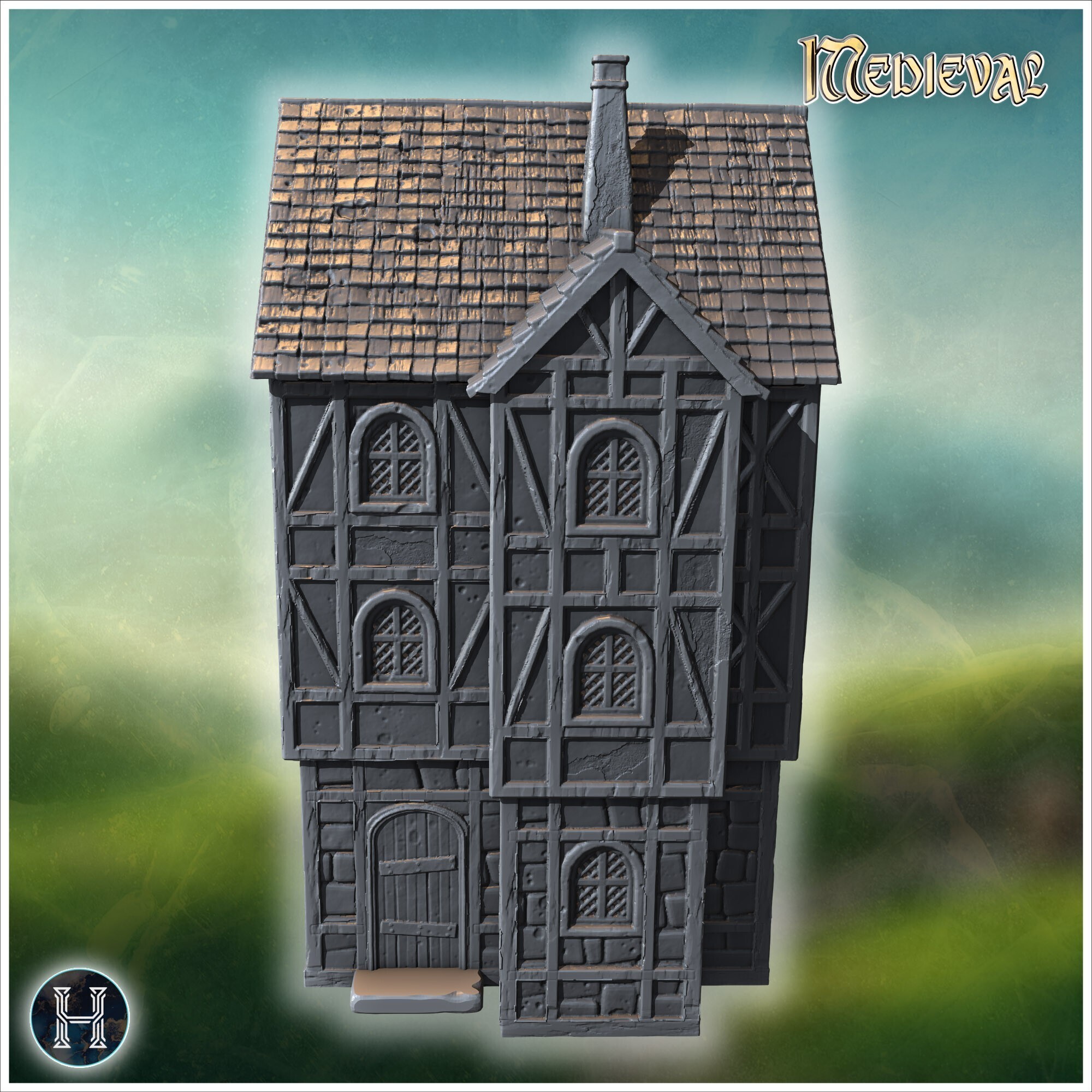 👴 Medieval townhouse with stone base and crossbeam framed upper floors ...