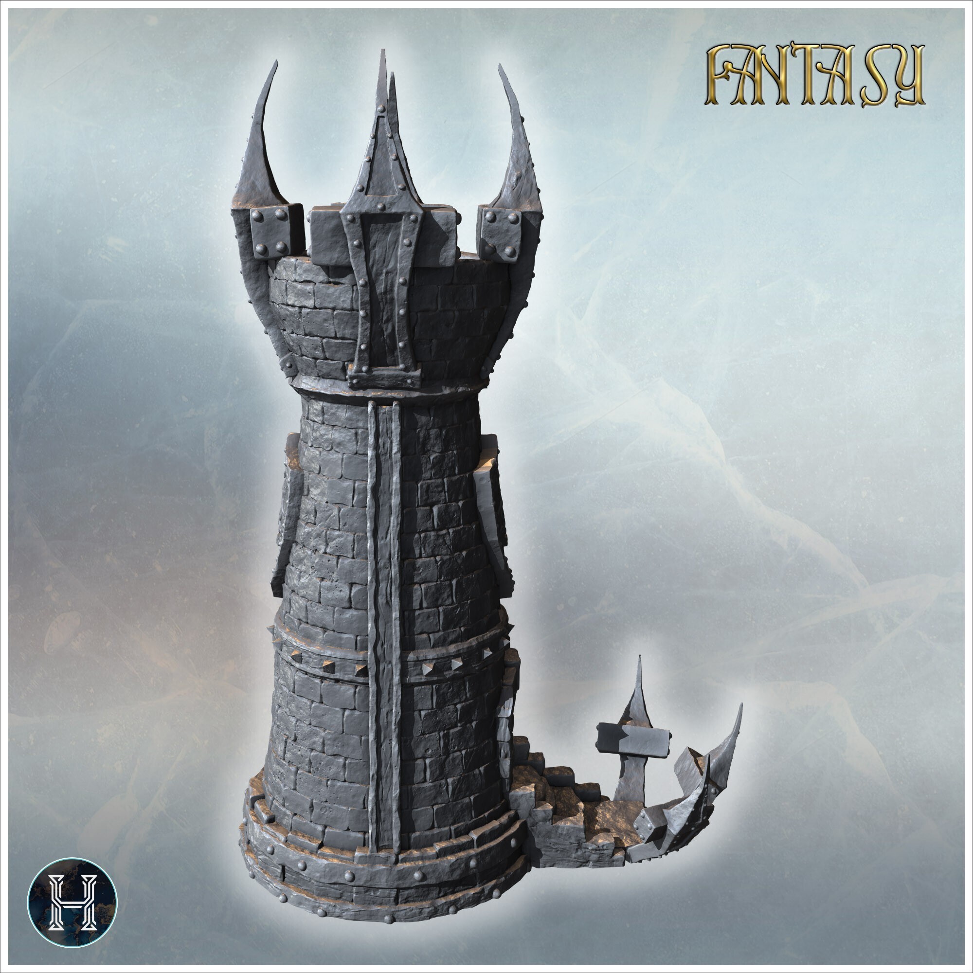 🛡️ Gothic stone tower with spiked battlements, engraved shield, and ...