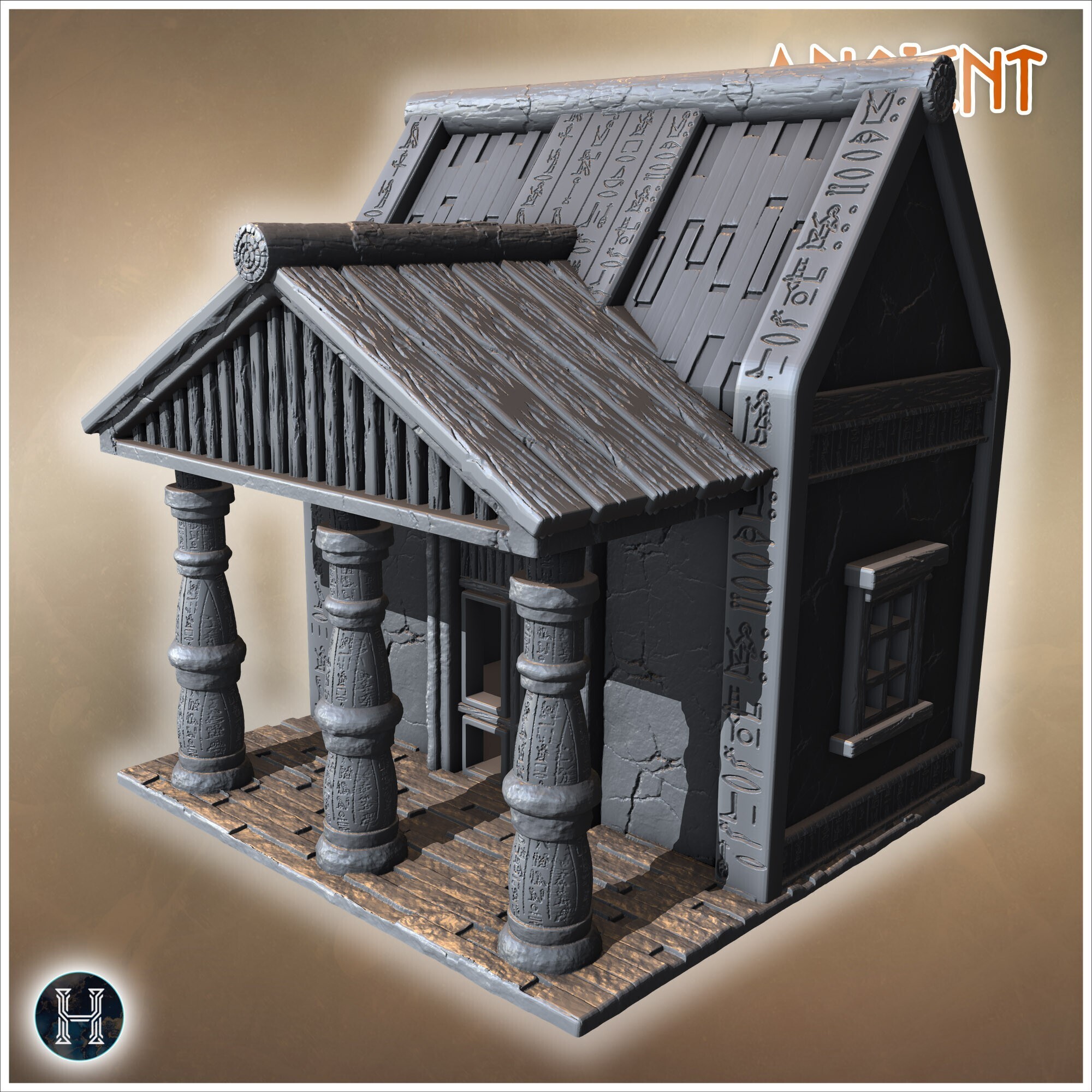 🏠 Traditional stone house with engraved walls, wooden pillars, and a ...