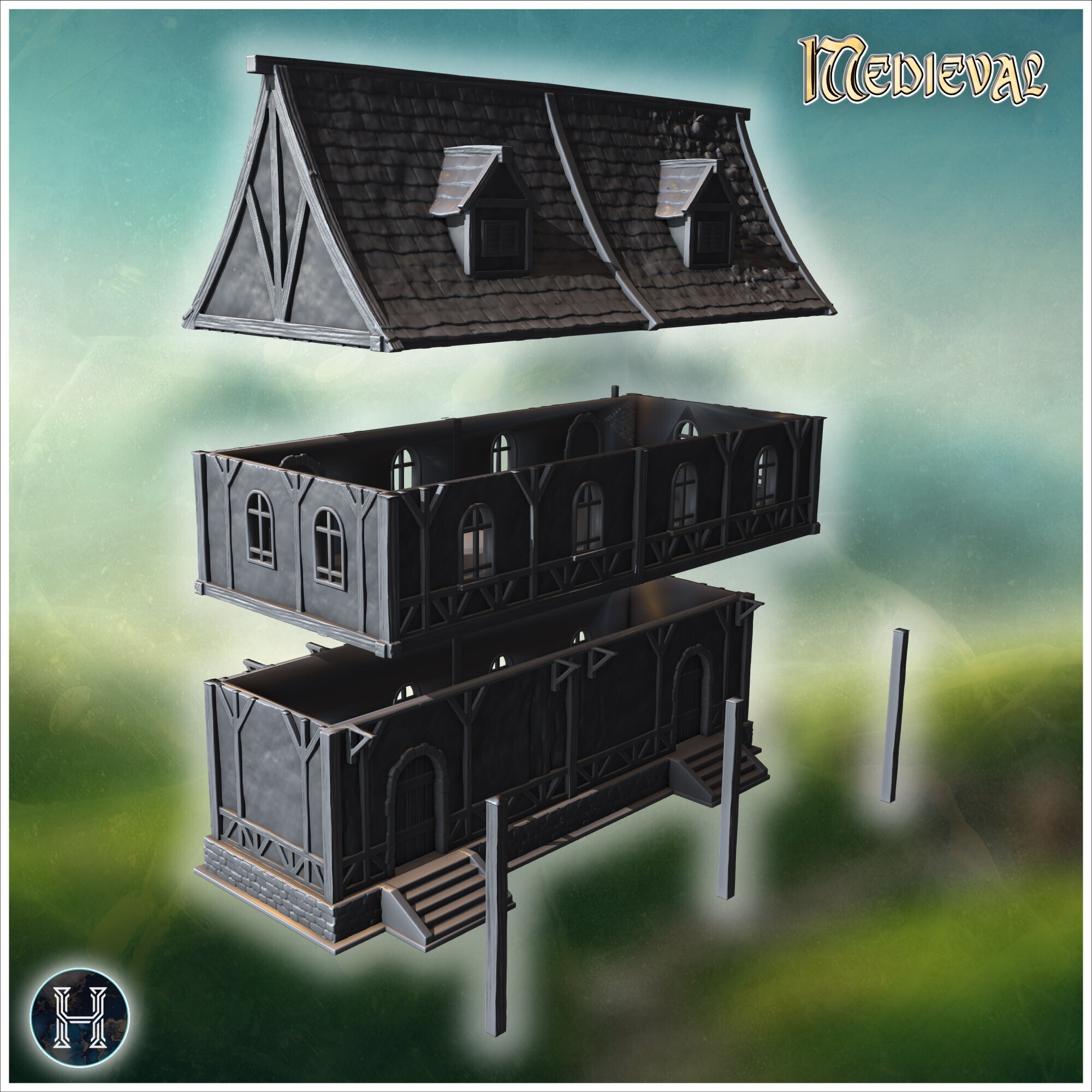 🪵 Long twin-building with steep curved roof, dormer windows, stairs and ...