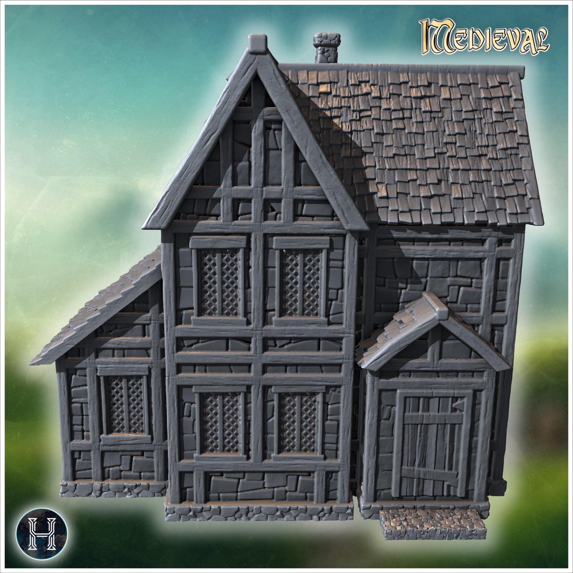 👴 Tall medieval home with high-pitched roof, latticed windows, stone ...