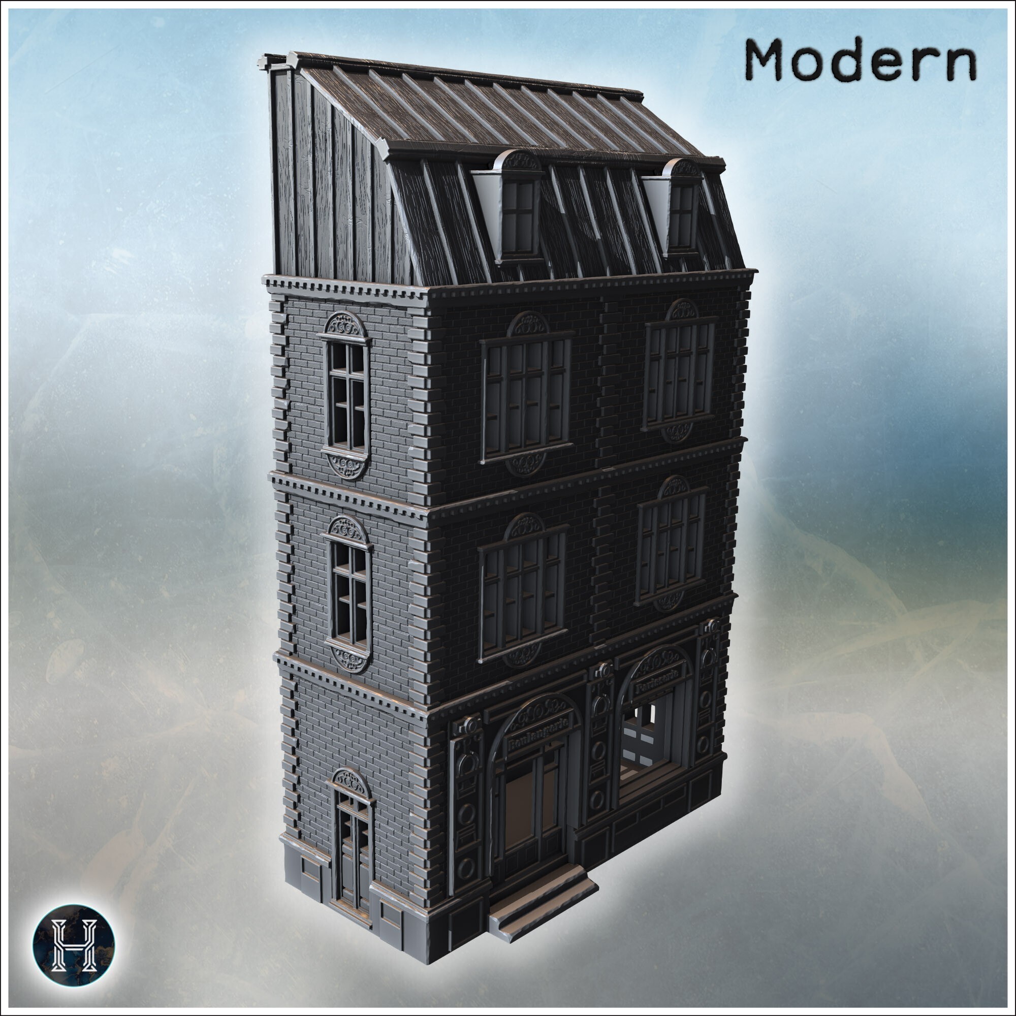 🏙️ Narrow city building with shopfront façade and mansard roof ...