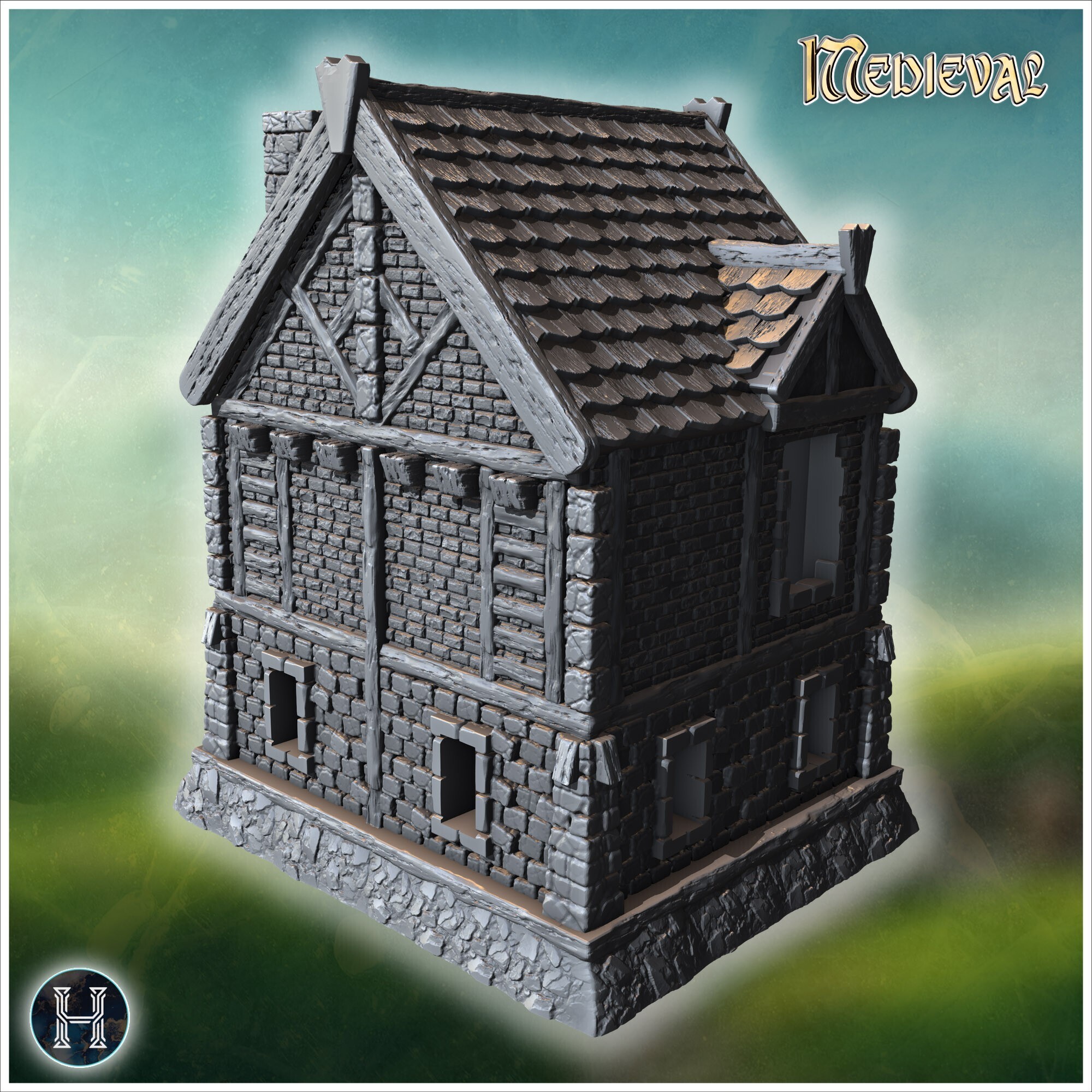 🏠 Medieval timber-framed house with stone foundation, steep gabled roof ...