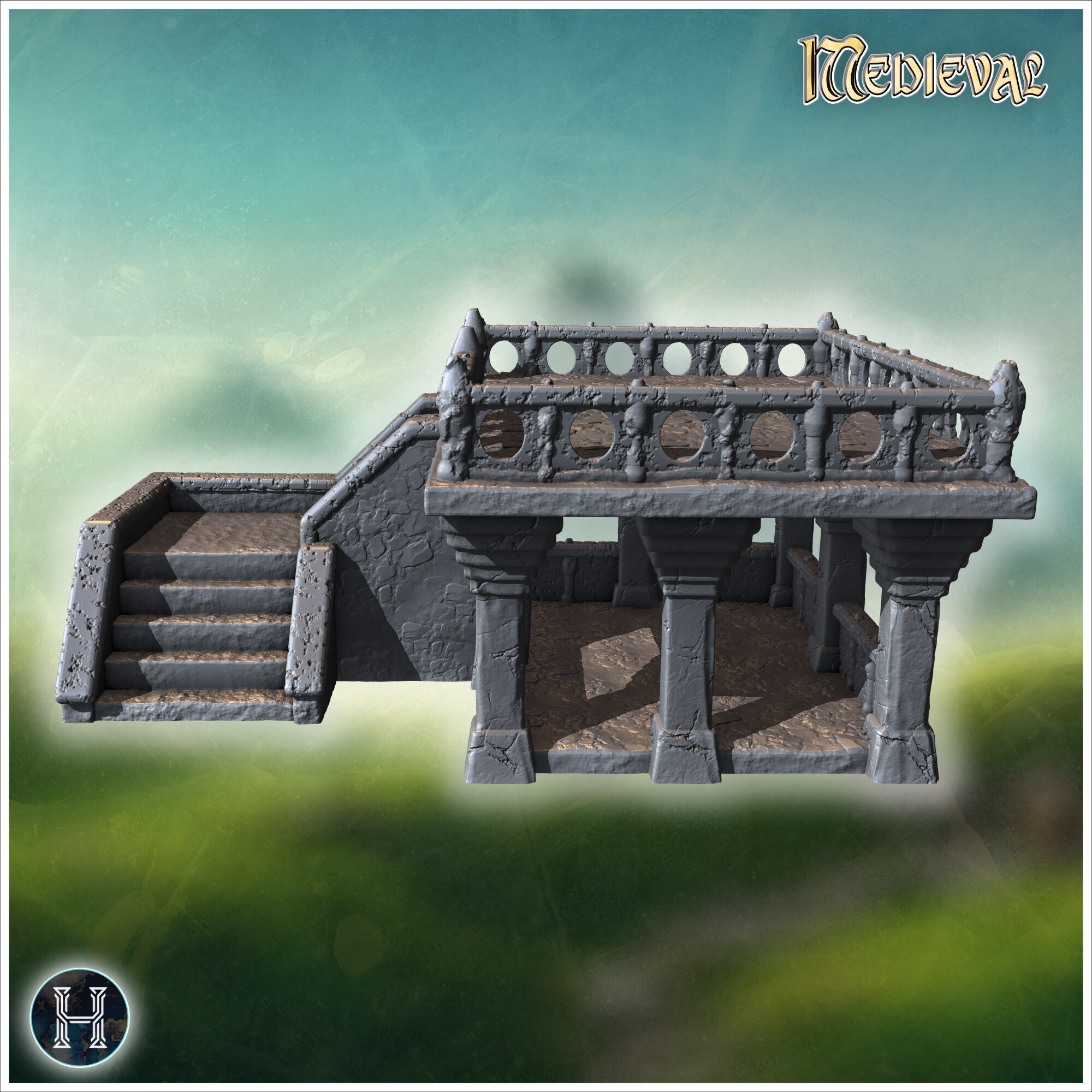 🏛️ Ancient stone terrace with wide staircases, engraved columns, and ...