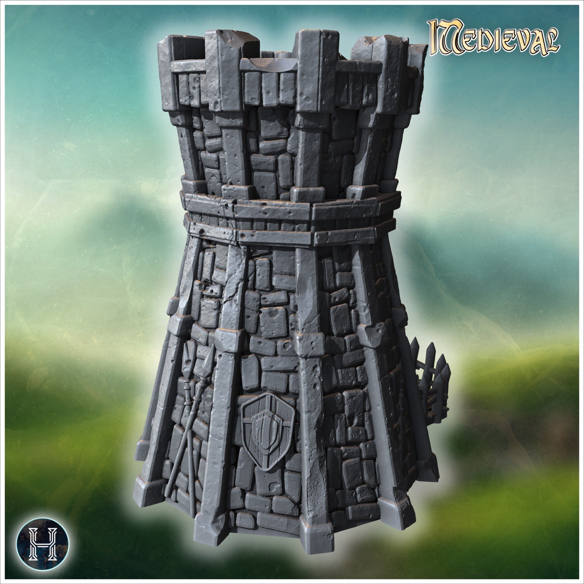 🪵 Stone watchtower with fortified gate, wooden palisade, and decorative ...
