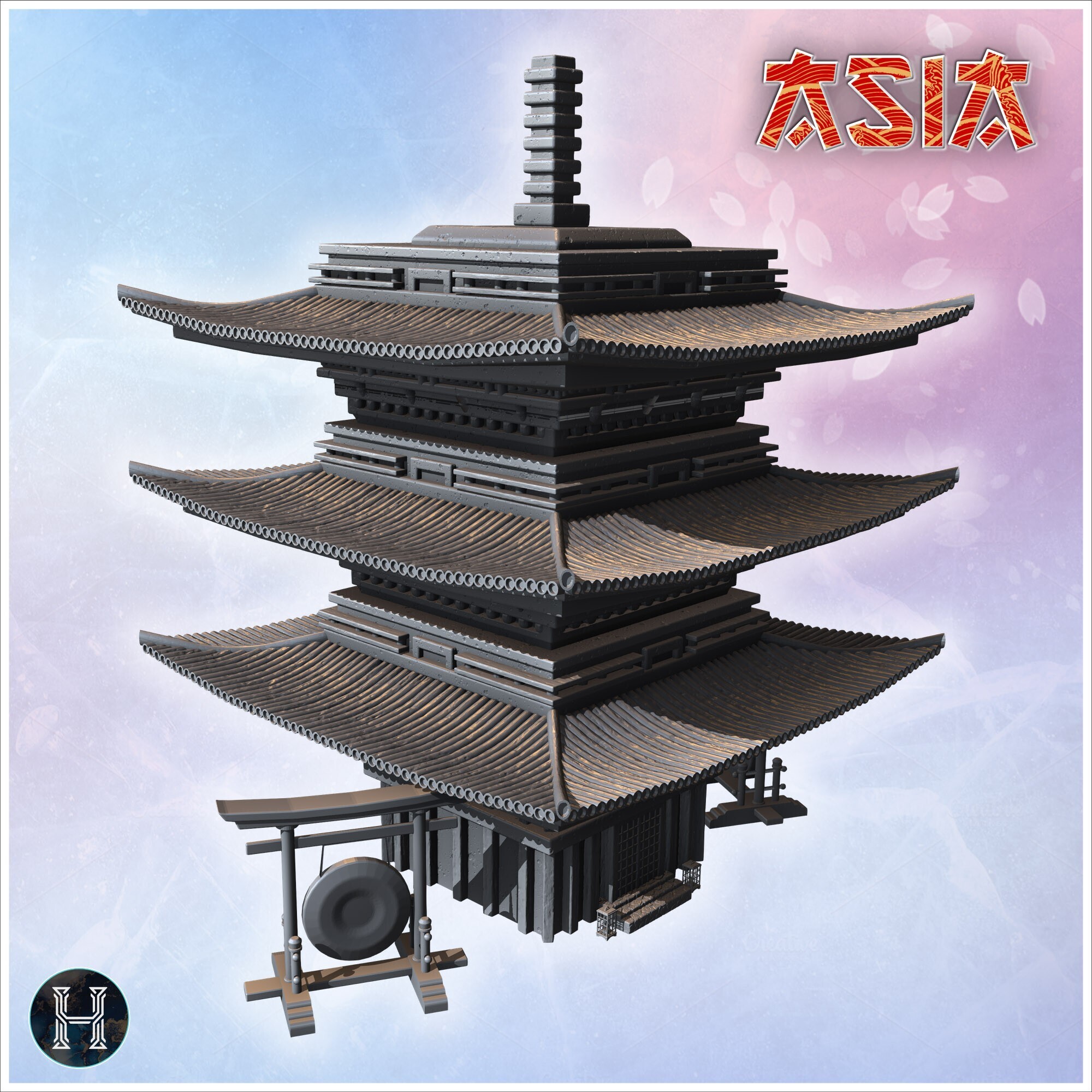 🪵 Multi-tiered Asian pagoda structure, curved roofs, central spire ...