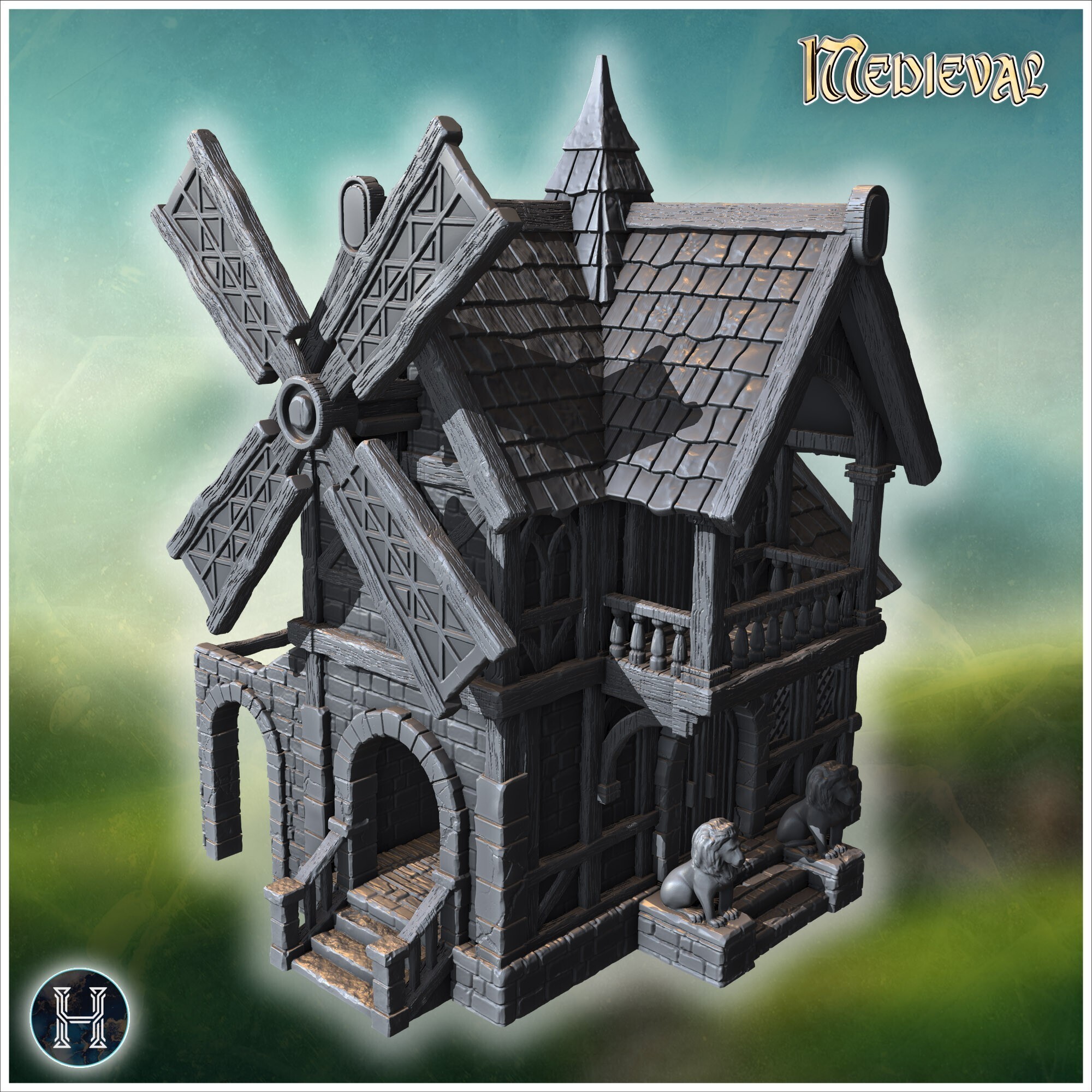 🪵 Detailed stone windmill with wooden accents and a lion statue (28 ...