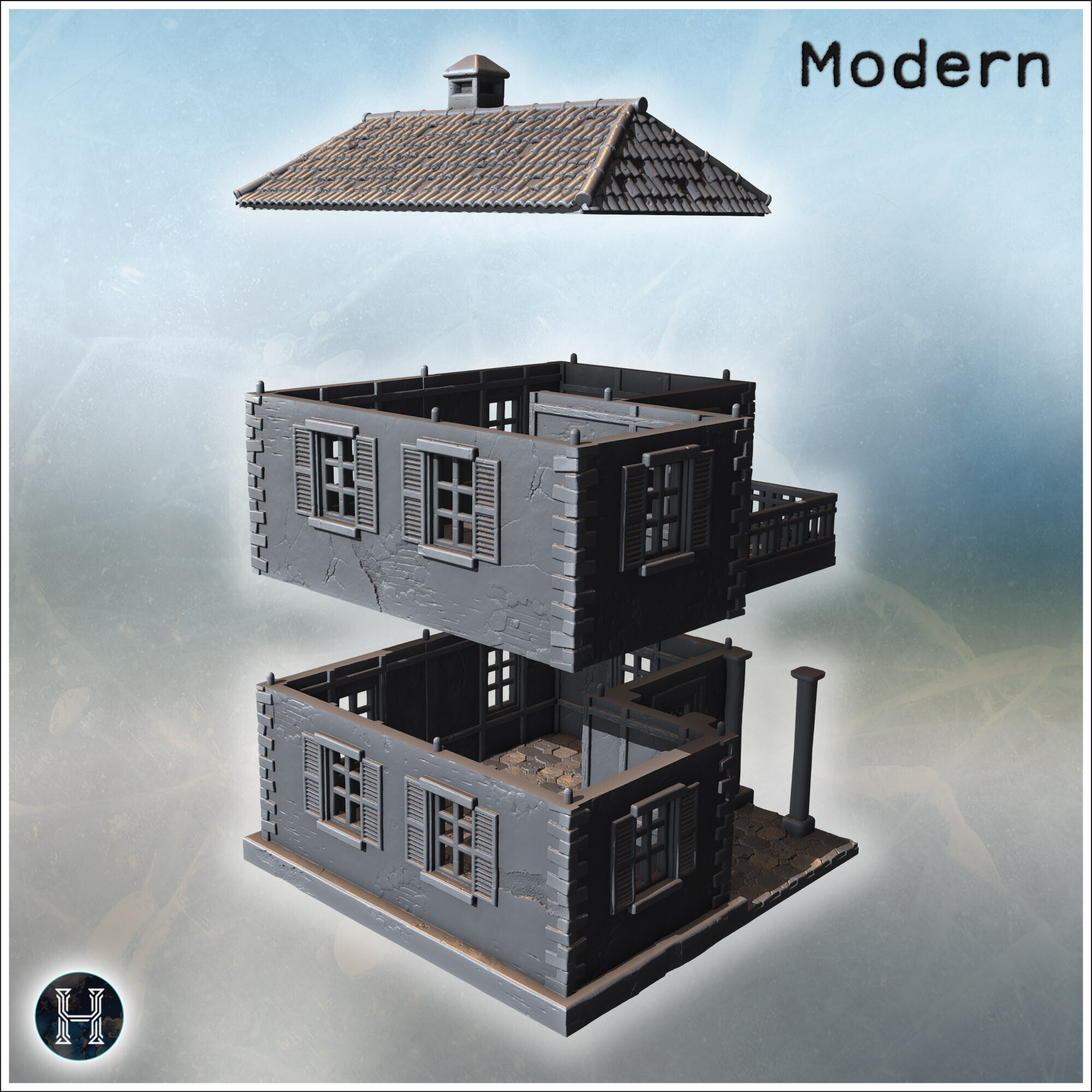 🏠 Two-story stone house with tile roof, upper balcony, and symmetrical ...