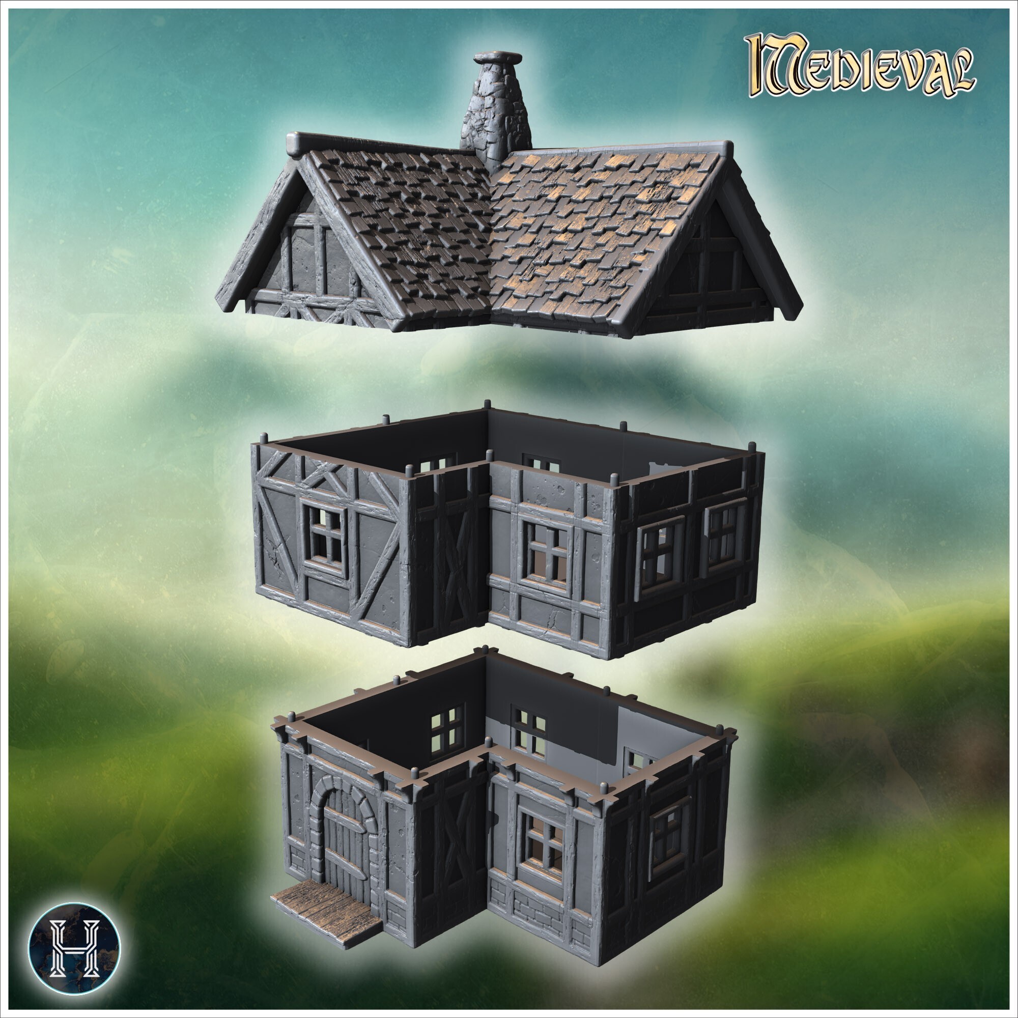 🏠 Corner medieval house with timber-framed structure, stone chimney ...