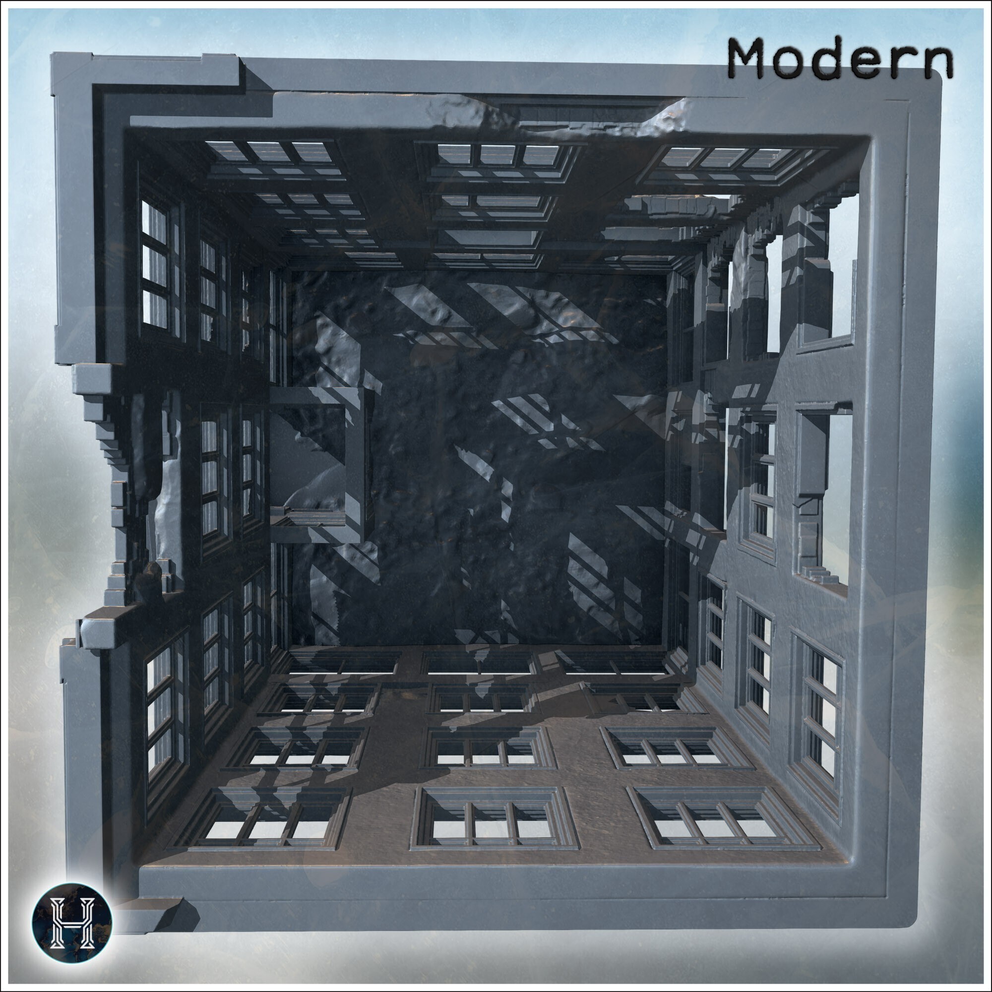 🏗️ Four-story building with broken windows, damaged facade, and debris ...