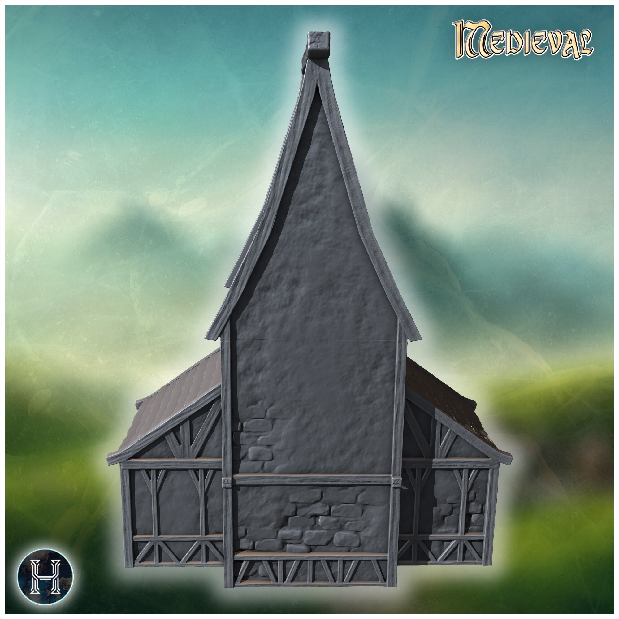 ⛪ Tall church with cross, narrow windows, gothic roofline and wooden ...