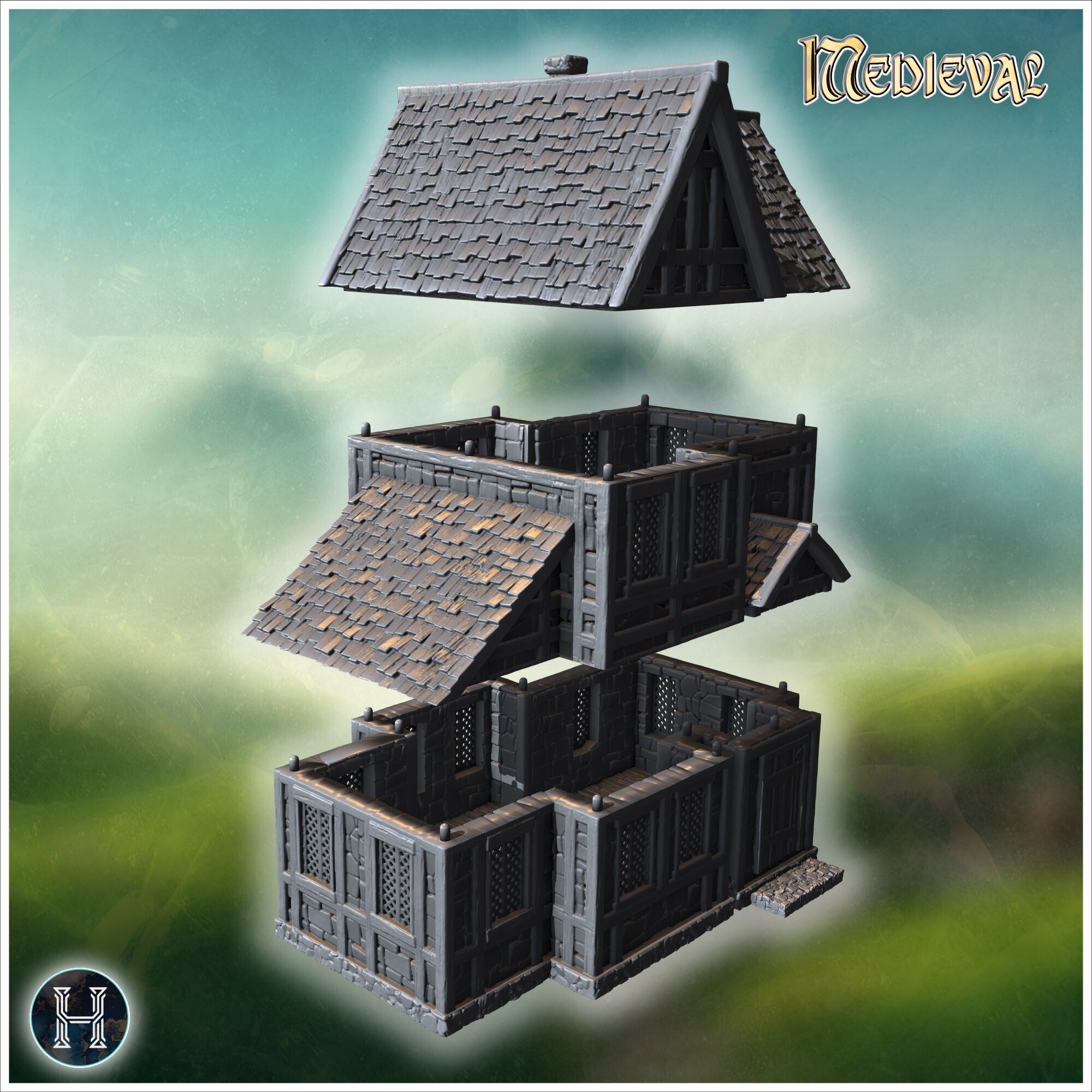 👴 Tall medieval home with high-pitched roof, latticed windows, stone ...