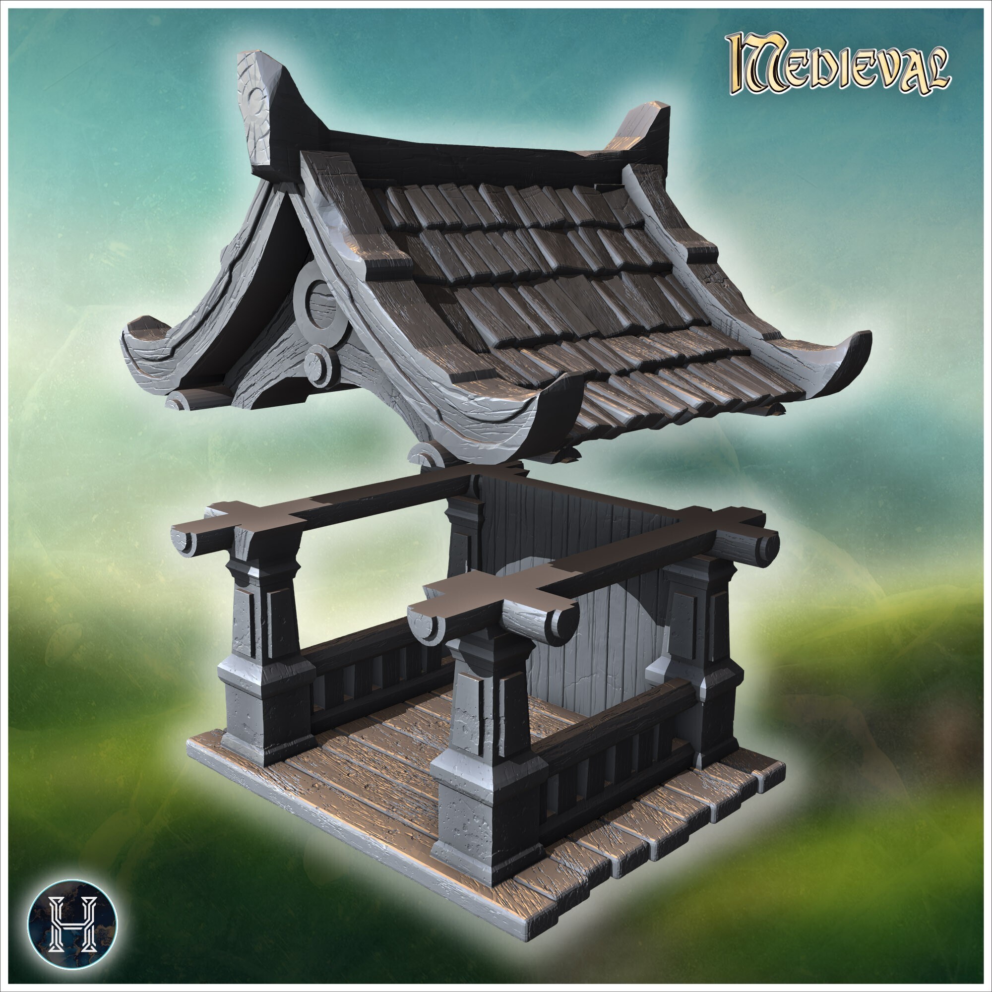 🤏 Small wooden shrine with curved tiled roof, decorative beams, and ...