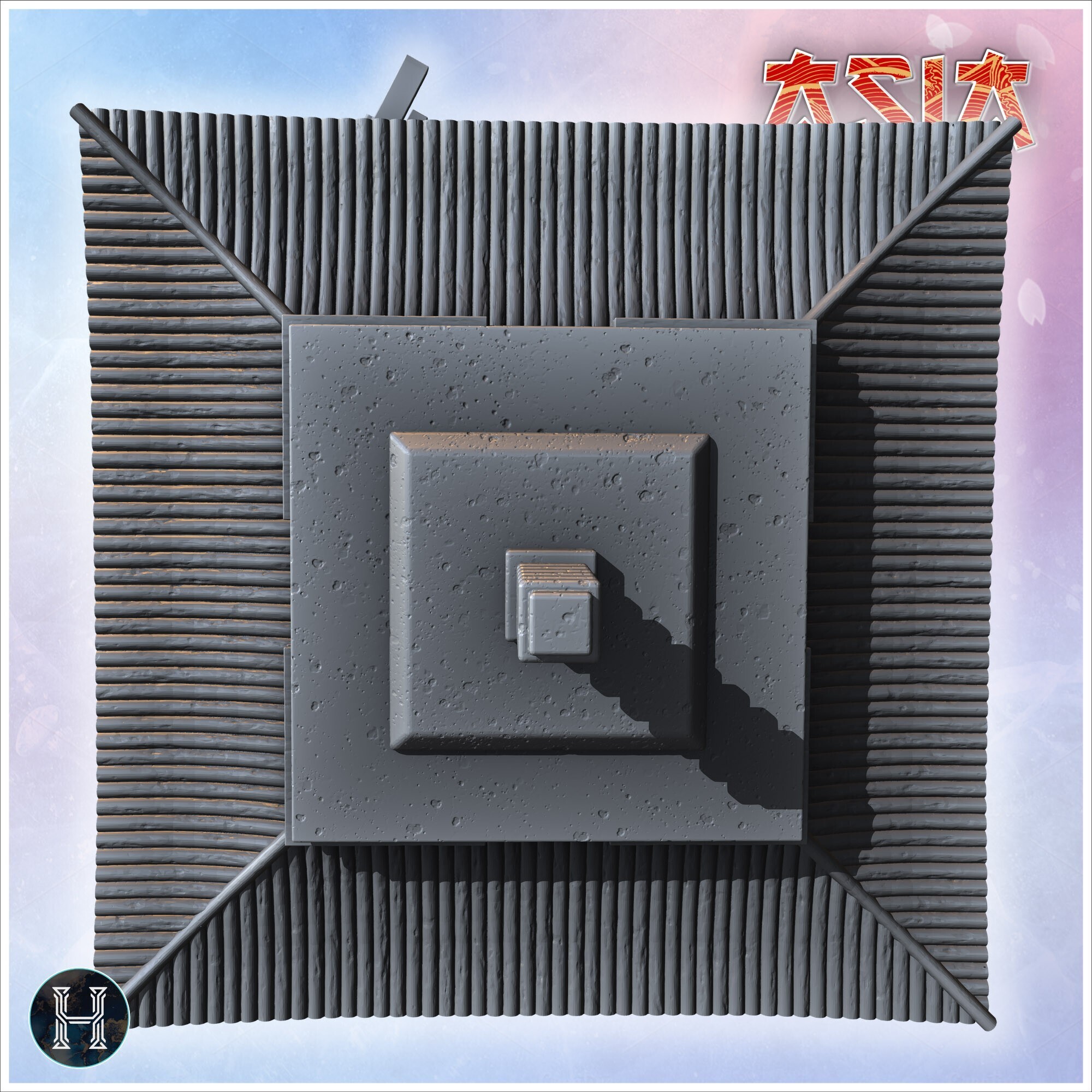 🪵 Multi-tiered Asian pagoda structure, curved roofs, central spire ...