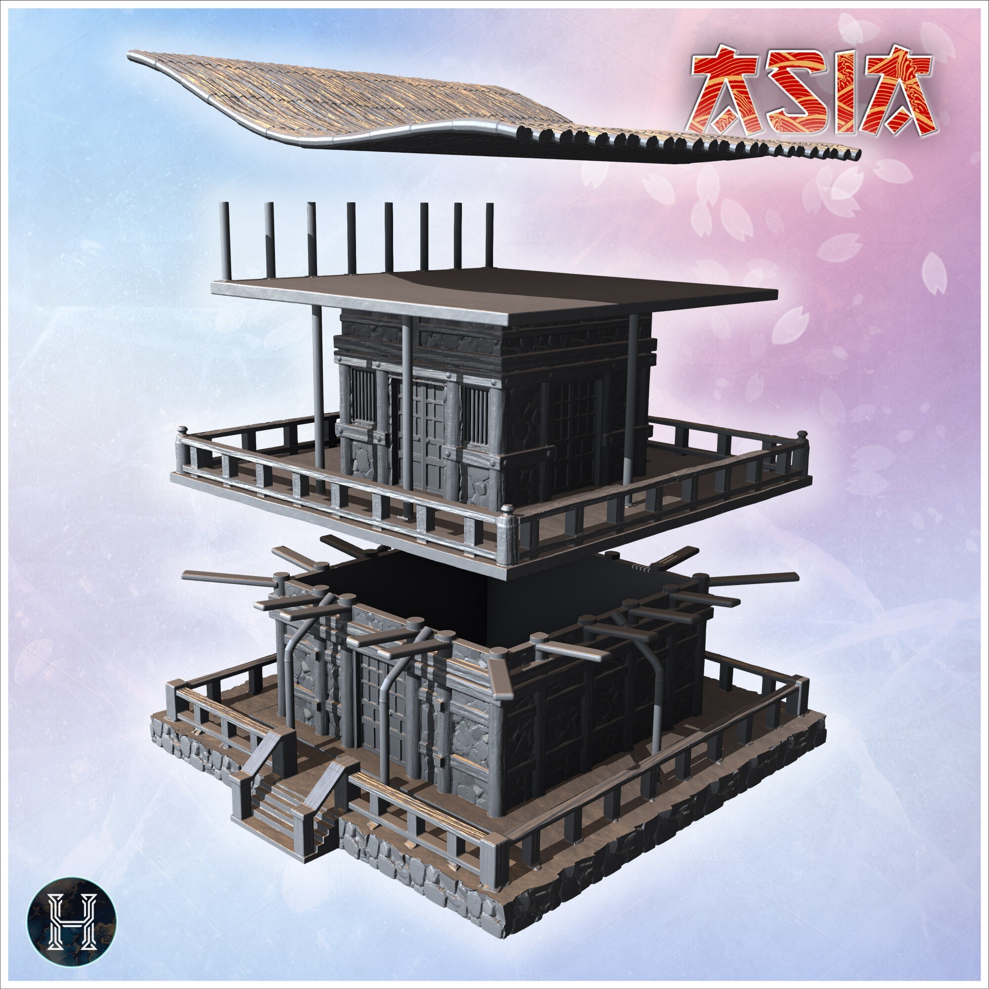 🪵 Two-story Asian-style watchtower with balconies, curved roof, stone ...
