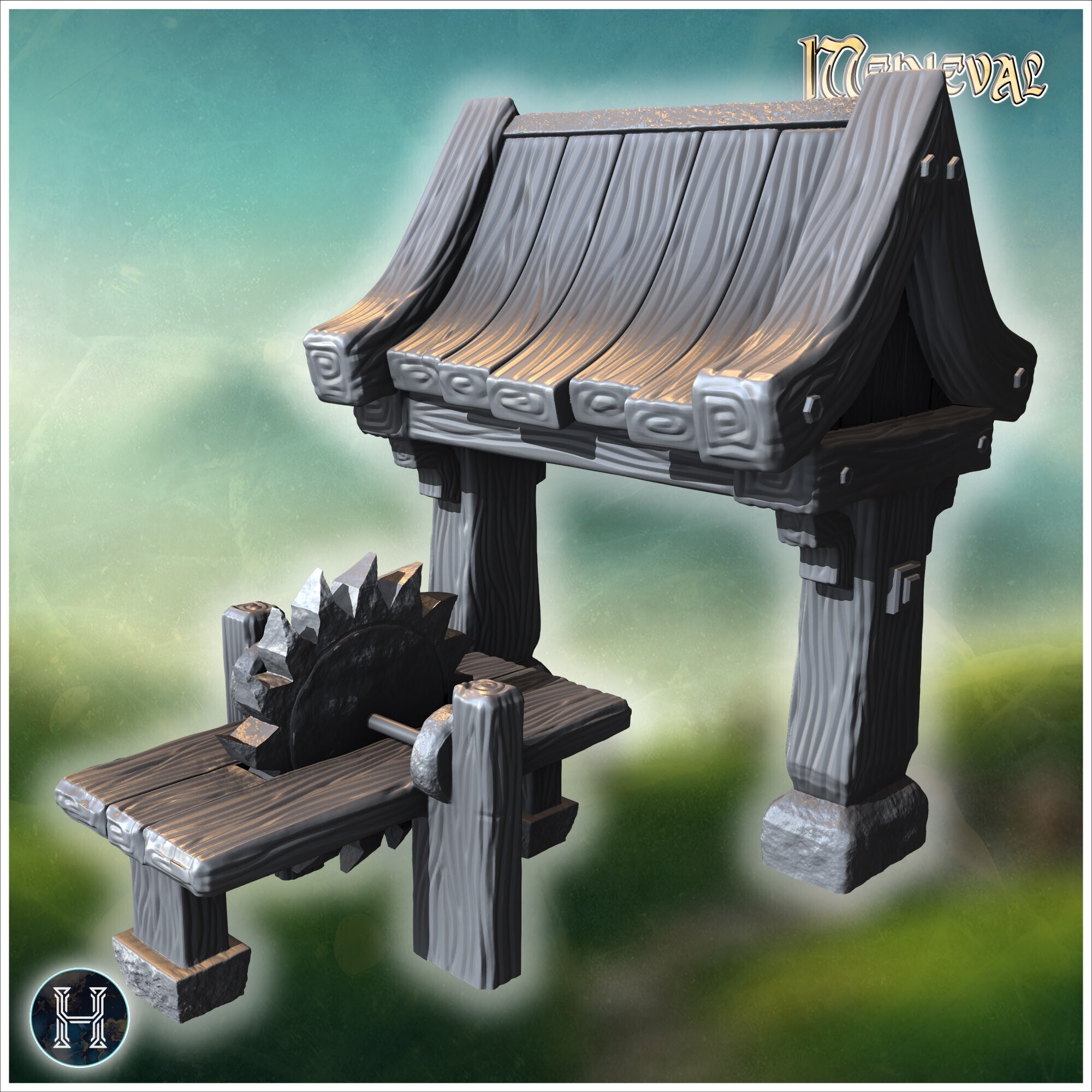 🪚 Medieval carpenter workshop with roofed saw table and wooden frame ...