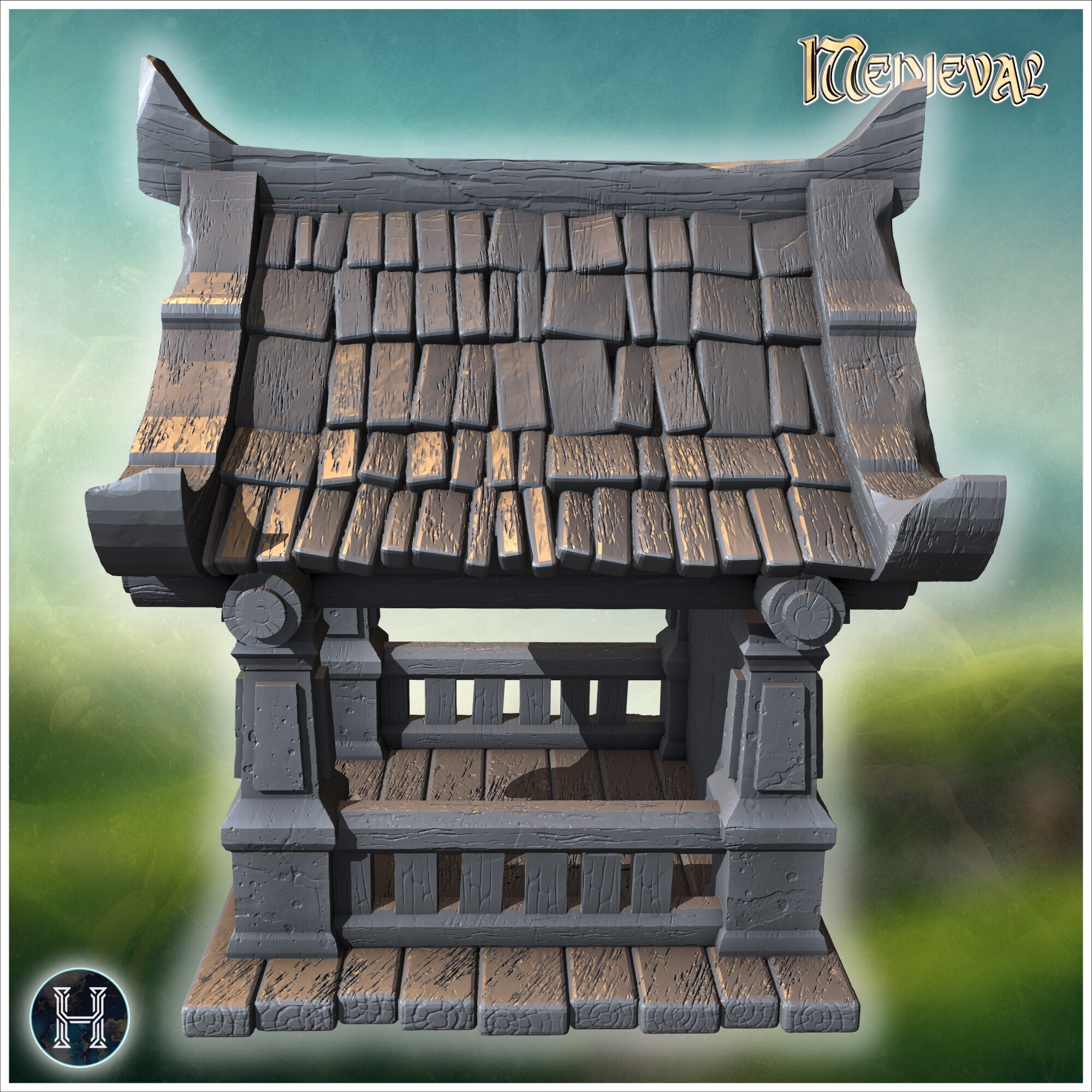 🤏 Small wooden shrine with curved tiled roof, decorative beams, and ...