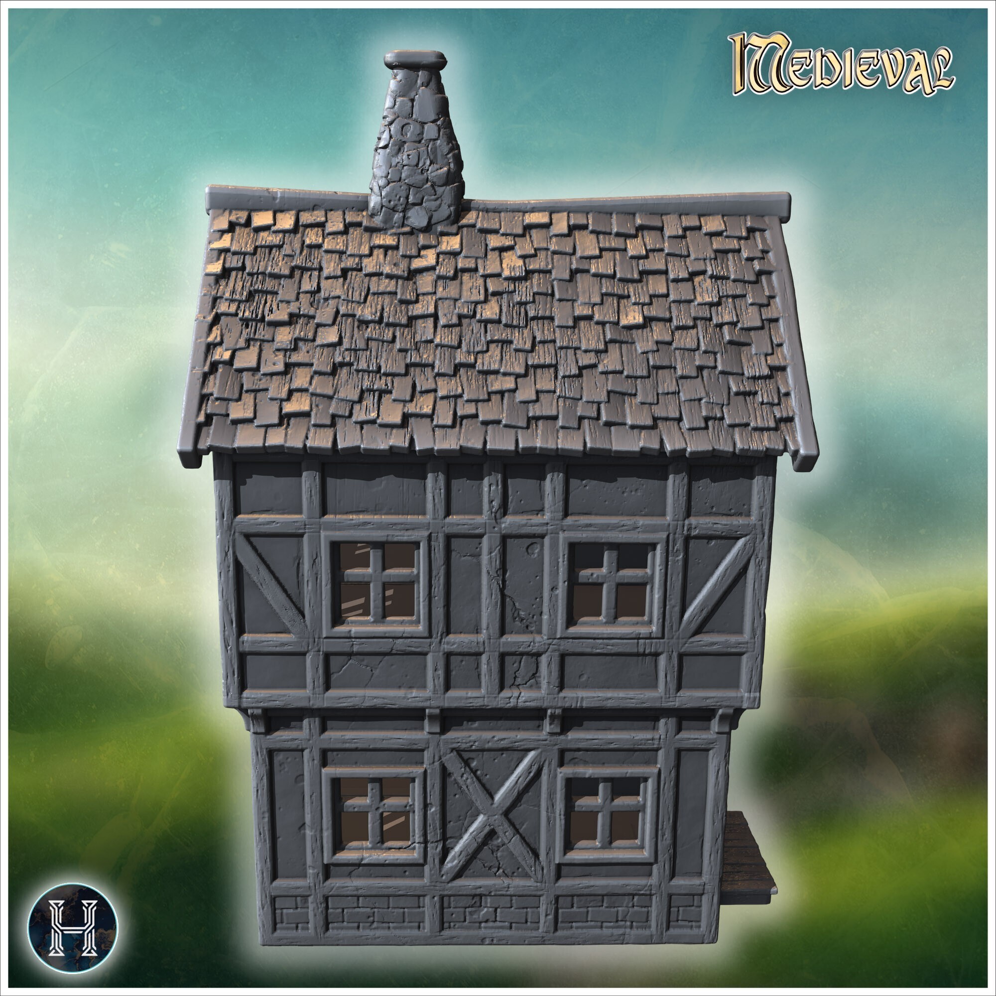 🏠 Corner medieval house with timber-framed structure, stone chimney ...