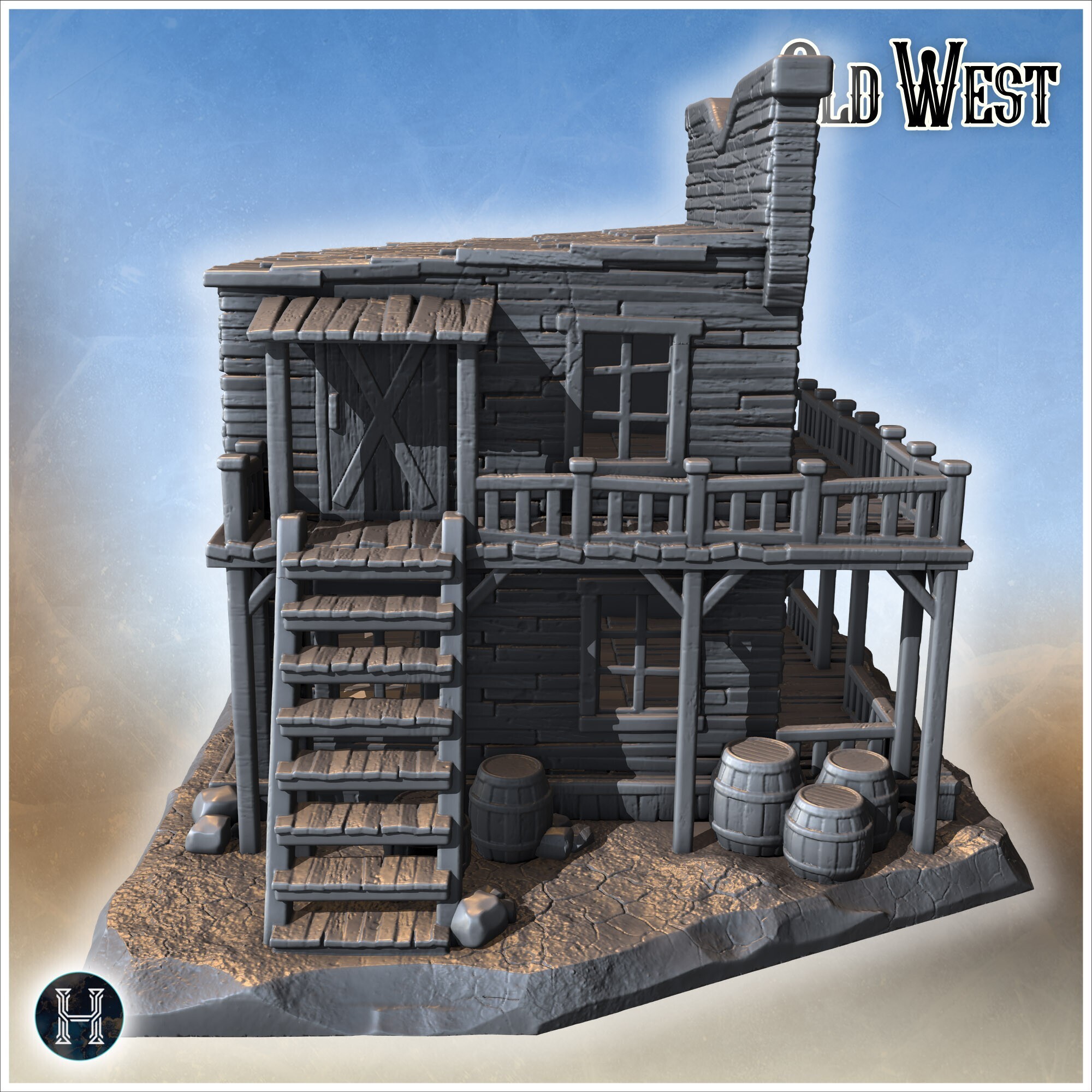 🪵 Traditional saloon with double balcony, wooden railings, swinging ...