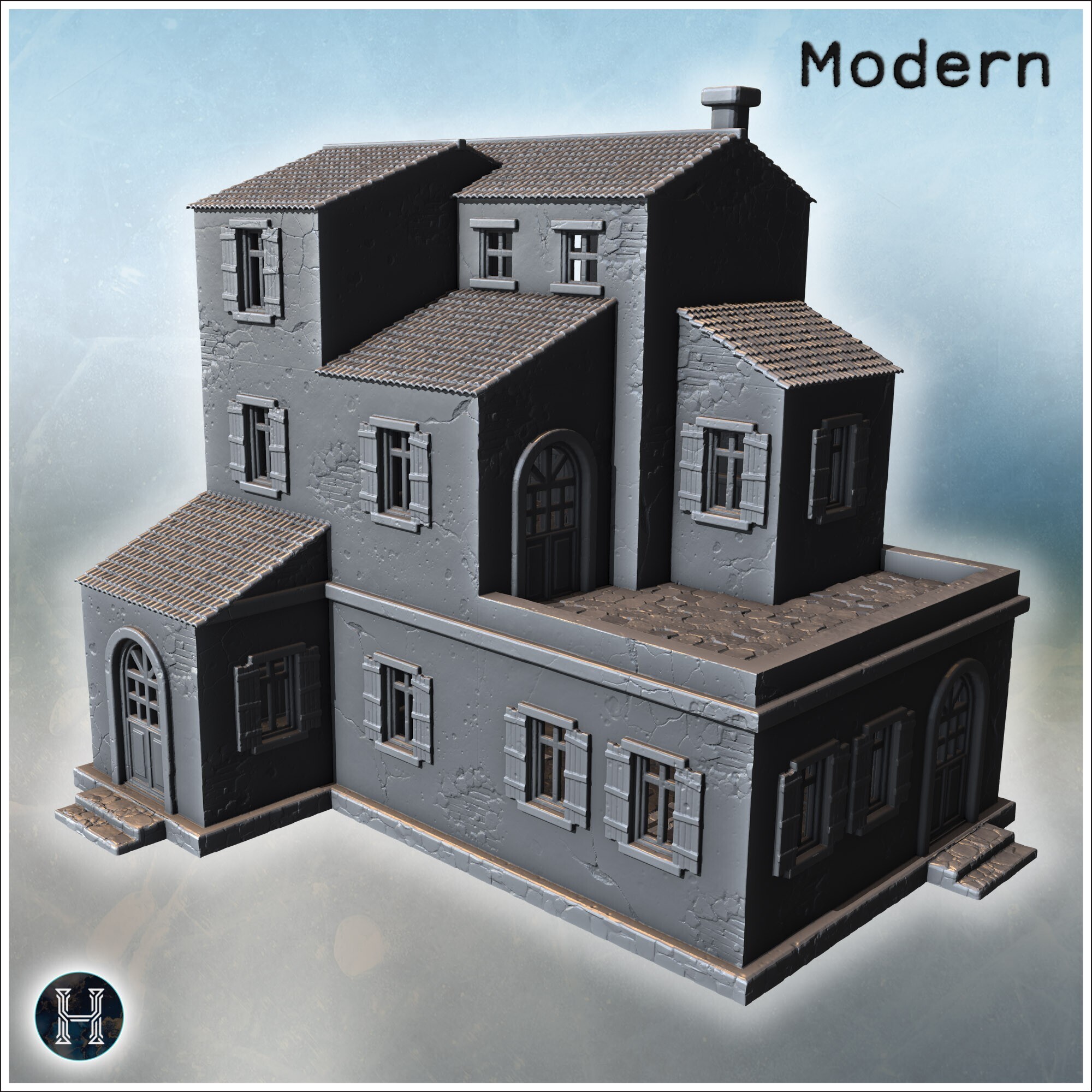 🗺️ Multi-level structure with tiled roofs, protruding wings and arched ...