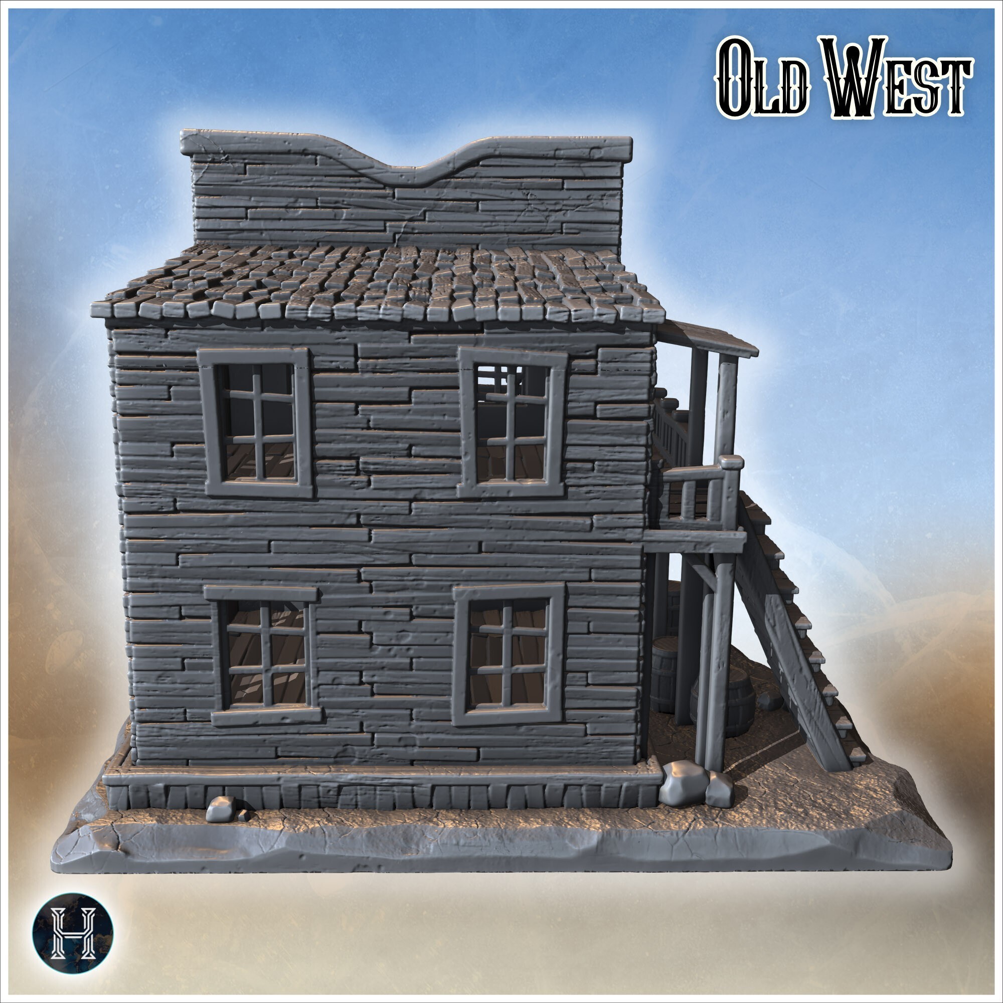 🪵 Traditional saloon with double balcony, wooden railings, swinging ...