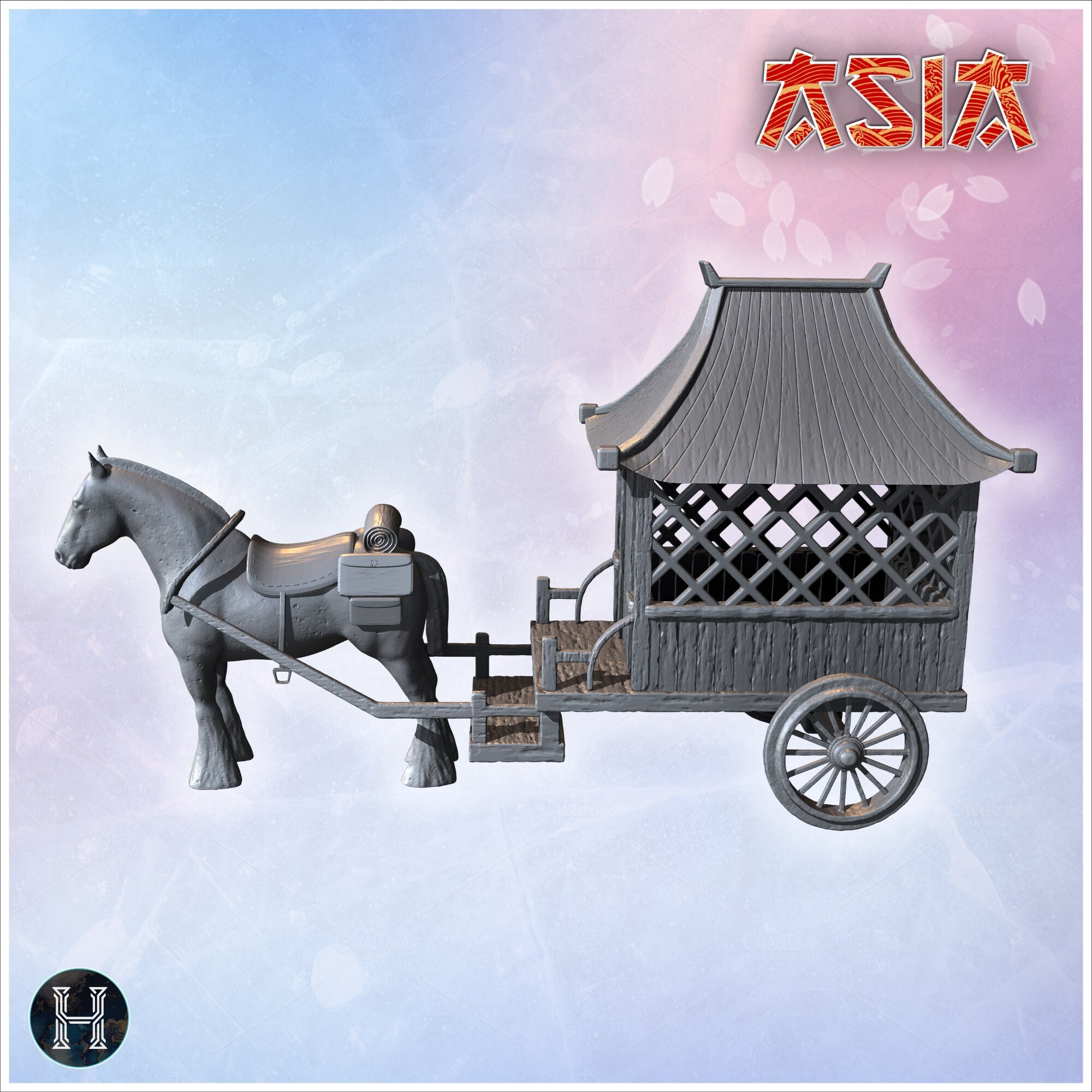 🪵 Asian horse-drawn wooden carriage featuring decorative lattice sides, curved roof, single ...