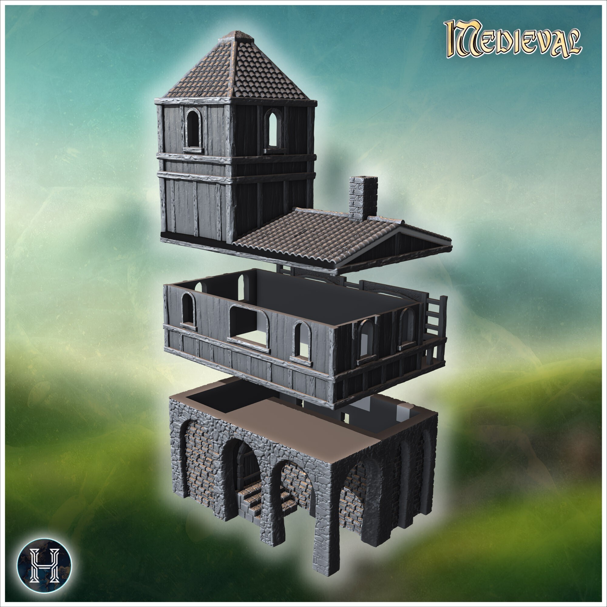 🏠 Large half-timbered house with a stone base, tiled roof, and open ...