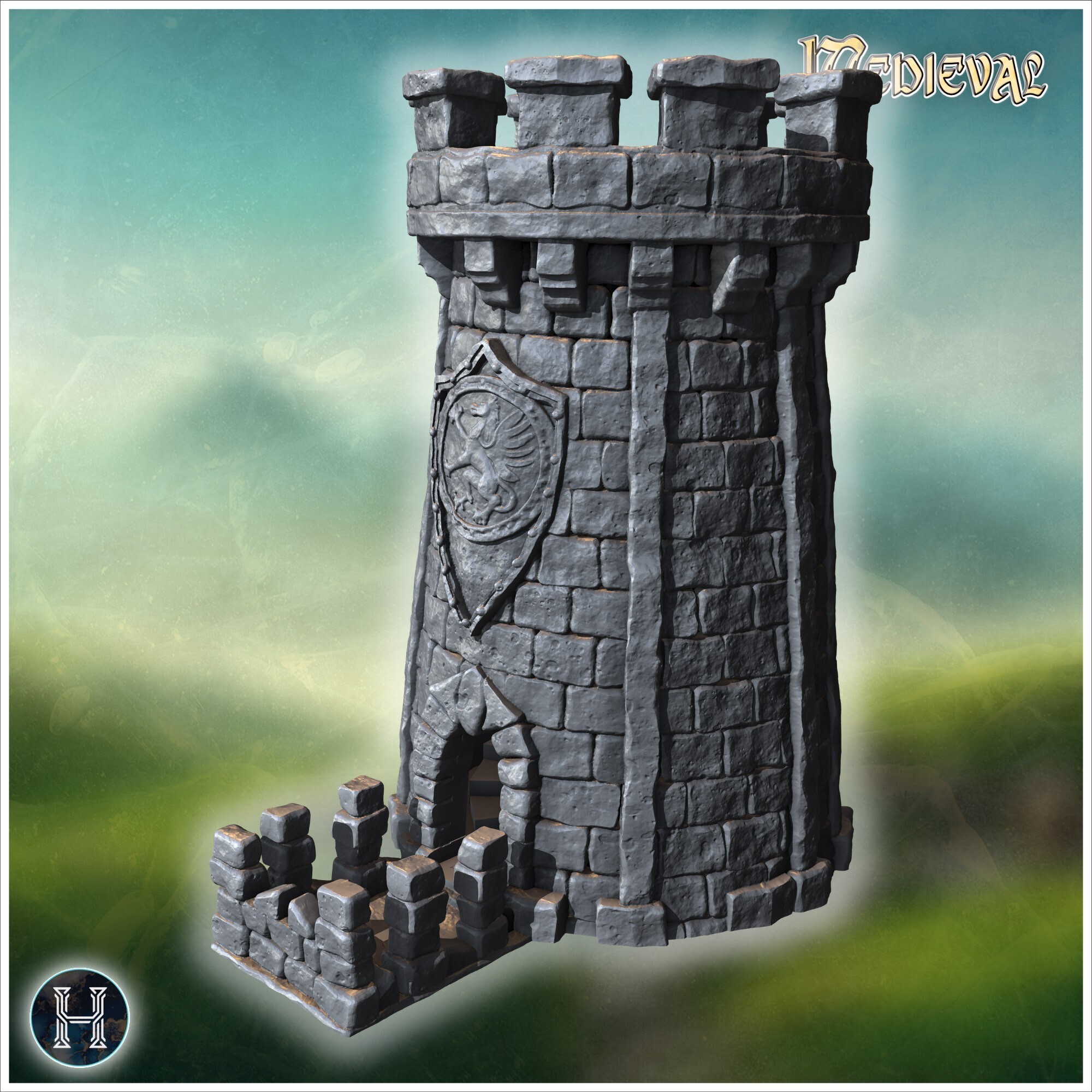 🛡️ Medieval round tower with crenelated walls, arched entrance, and ...