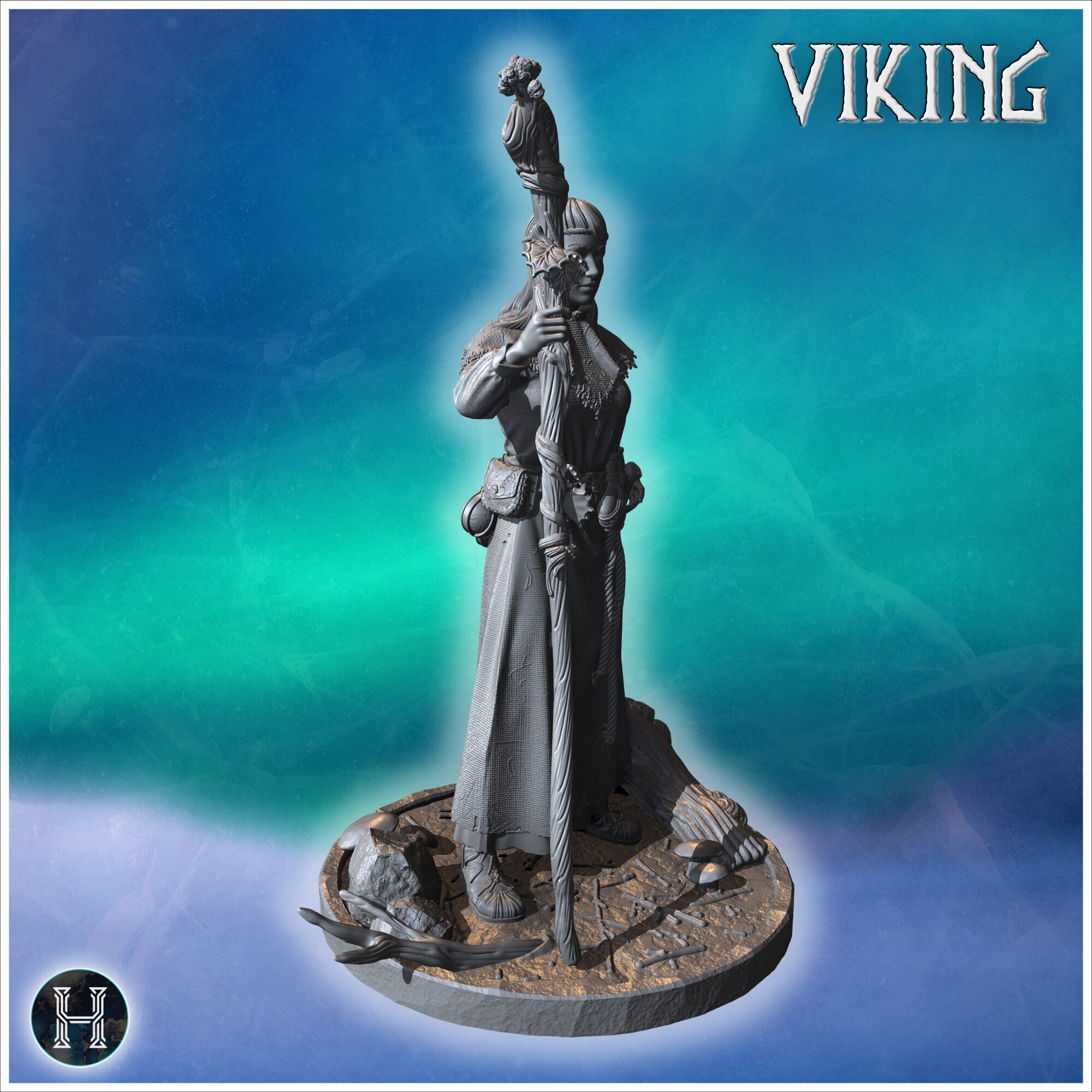 🧝 Calm elven druid stands on decorated base, gripping ornate staff ...