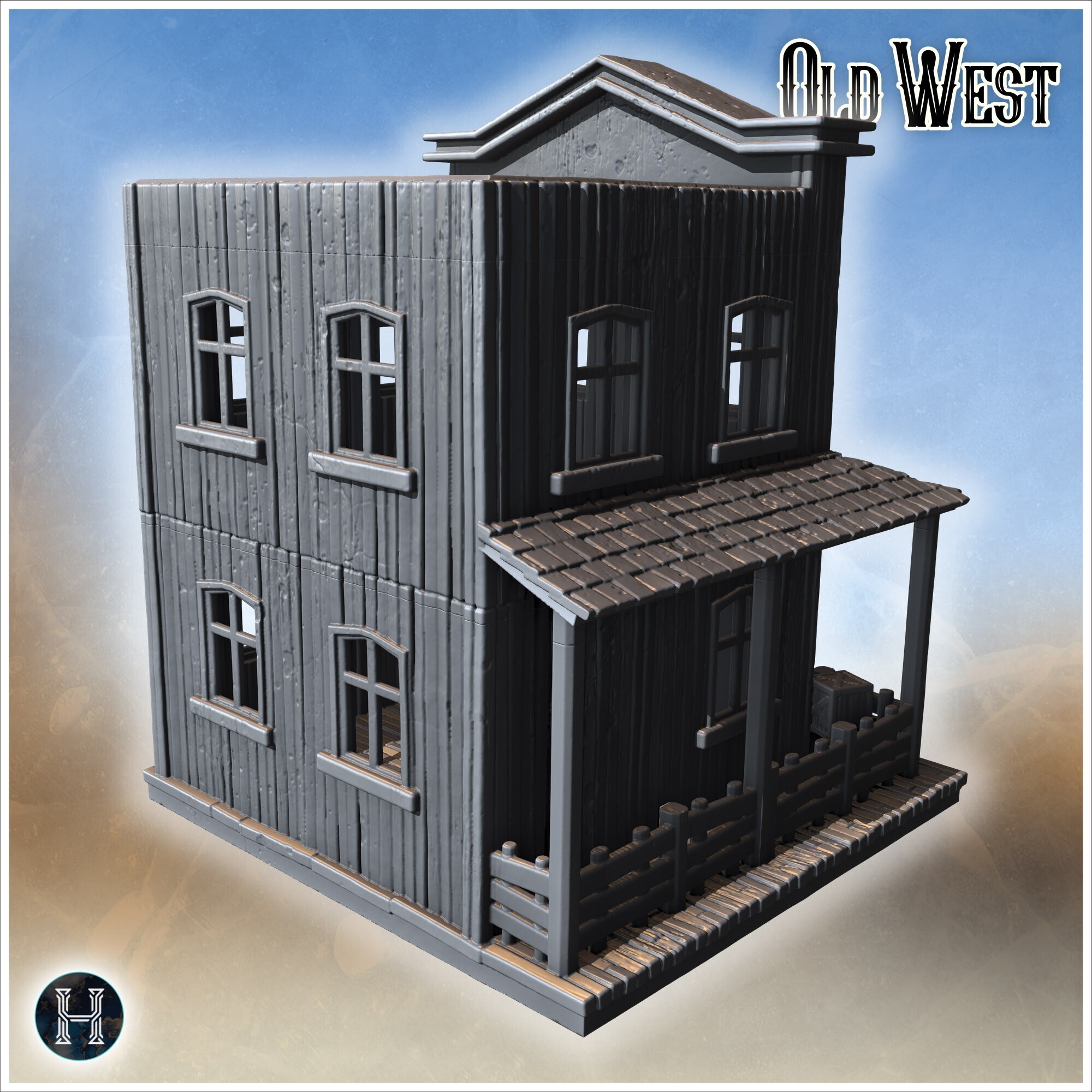 🪵 Wooden bank building with double doors, fenced porch, tiled awning ...