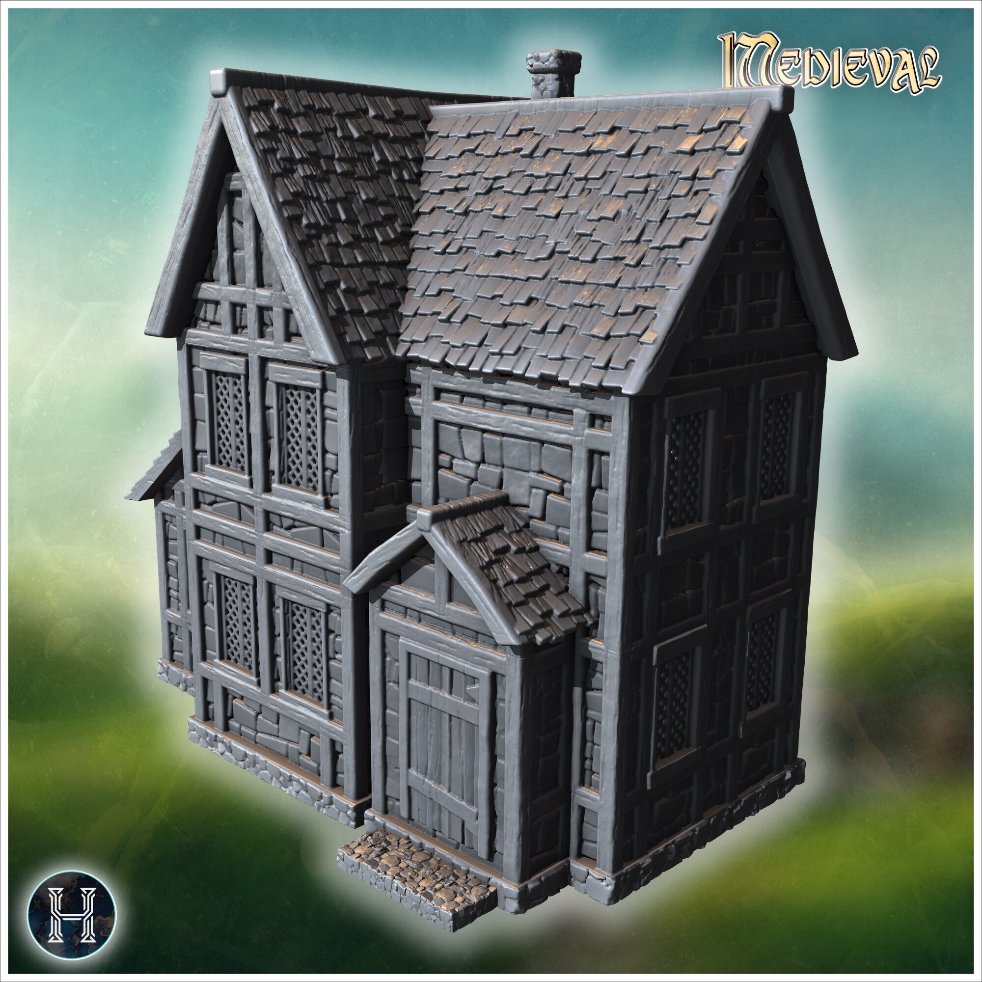 👴 Tall medieval home with high-pitched roof, latticed windows, stone ...