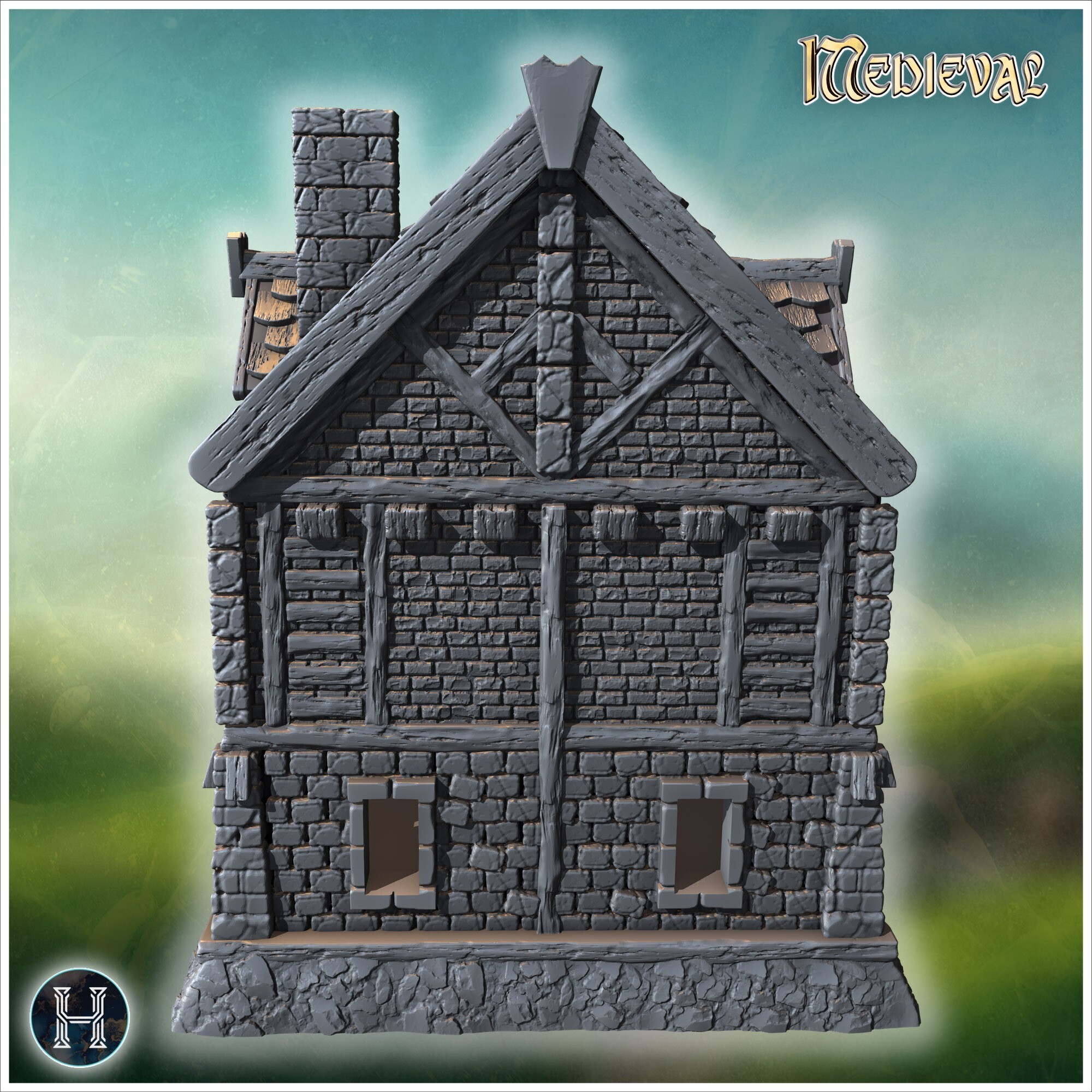 🏠 Medieval timber-framed house with stone foundation, steep gabled roof ...