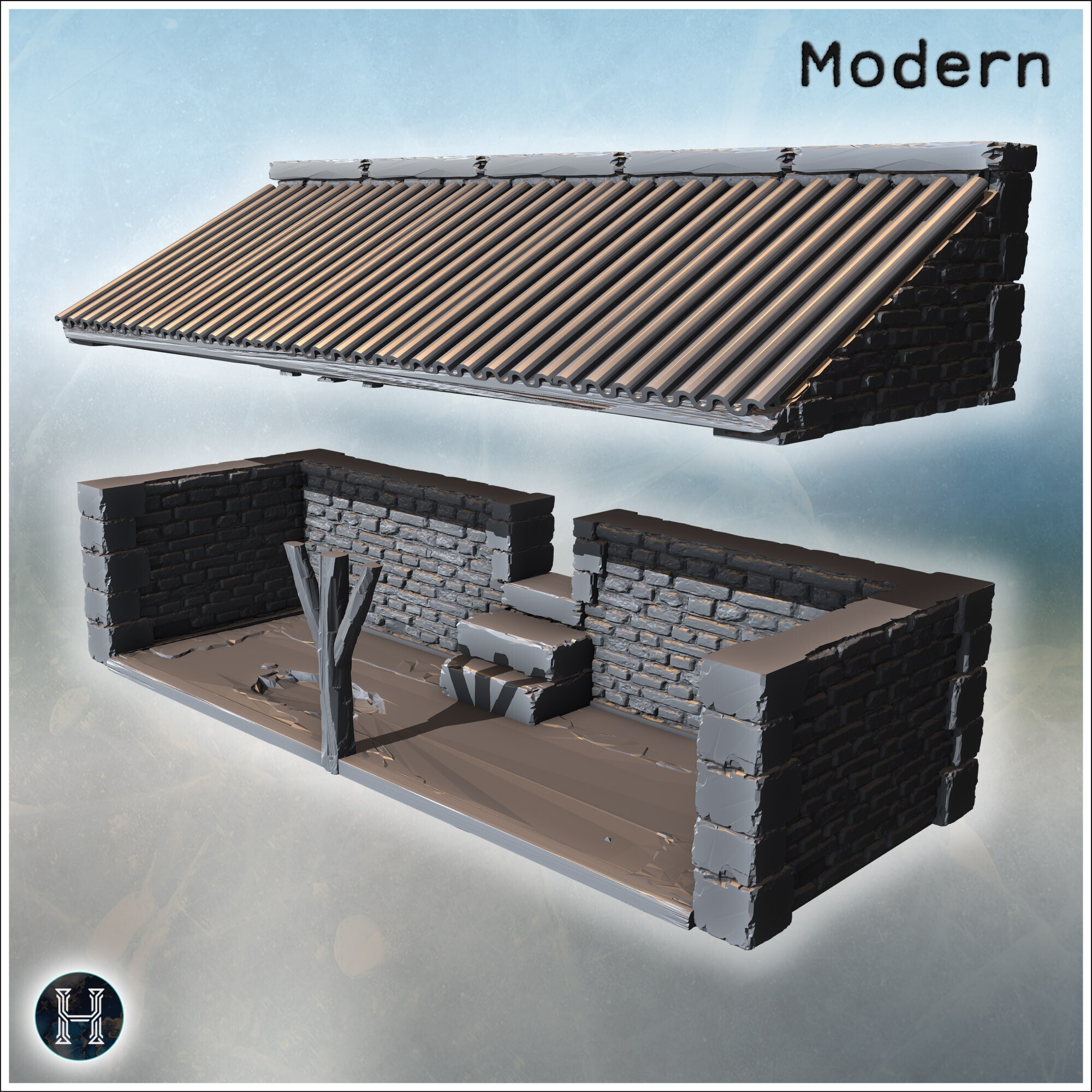 🧱 Open-front stone shelter with sloped corrugated metal roof, timber ...