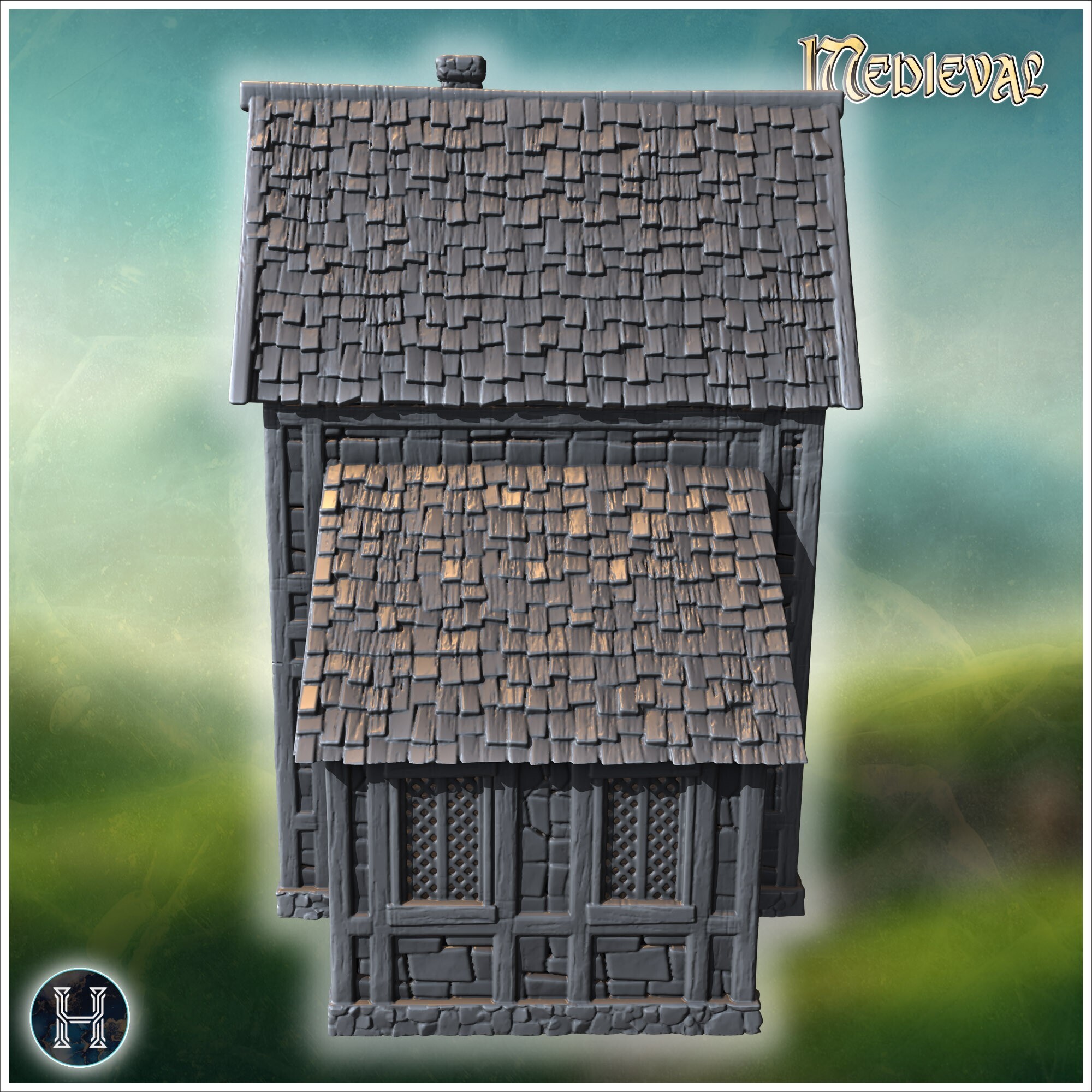 👴 Tall medieval home with high-pitched roof, latticed windows, stone ...